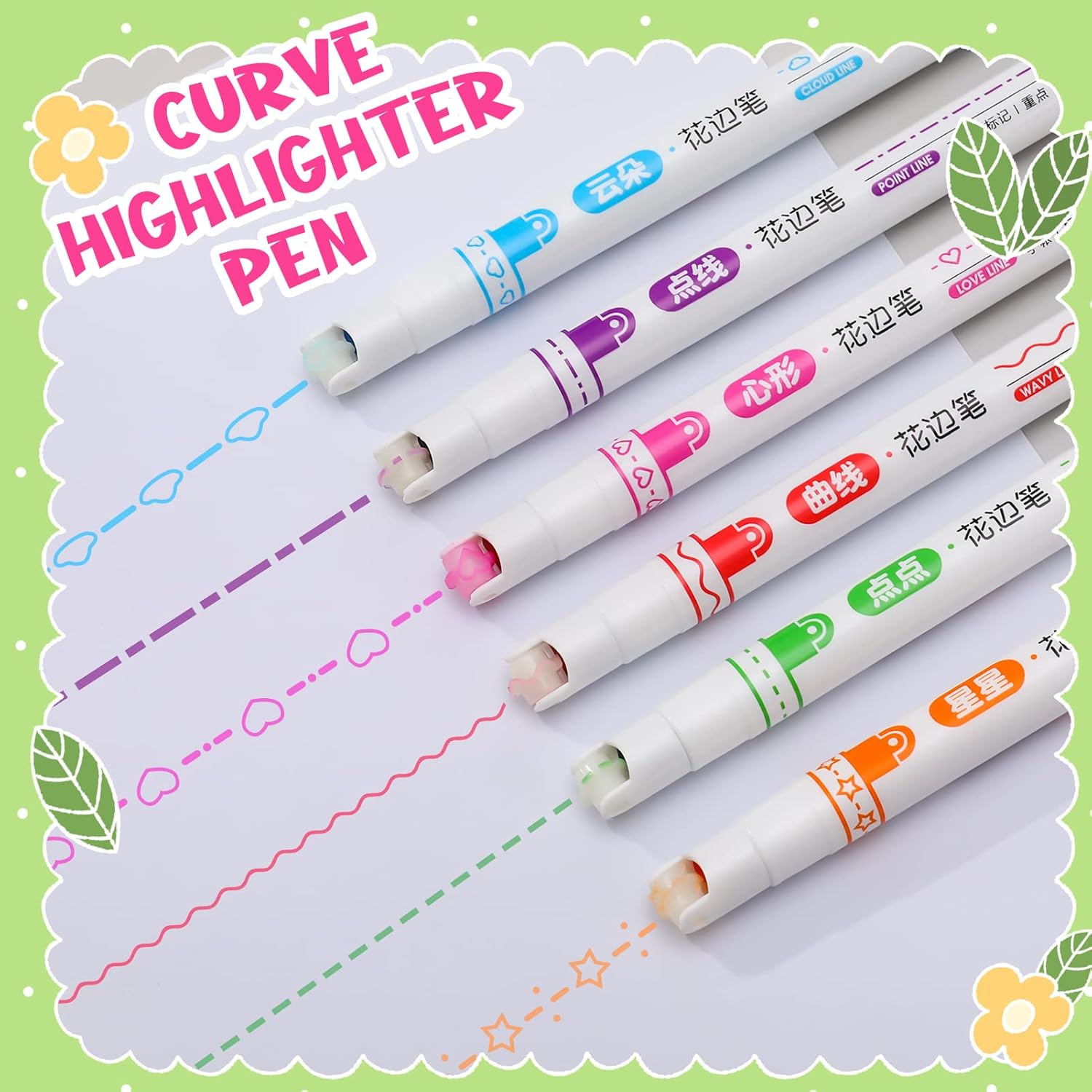 Firtink 6Pcs Curve Highlighter Pen Set, Dual Tip Pens with 6 Different ...