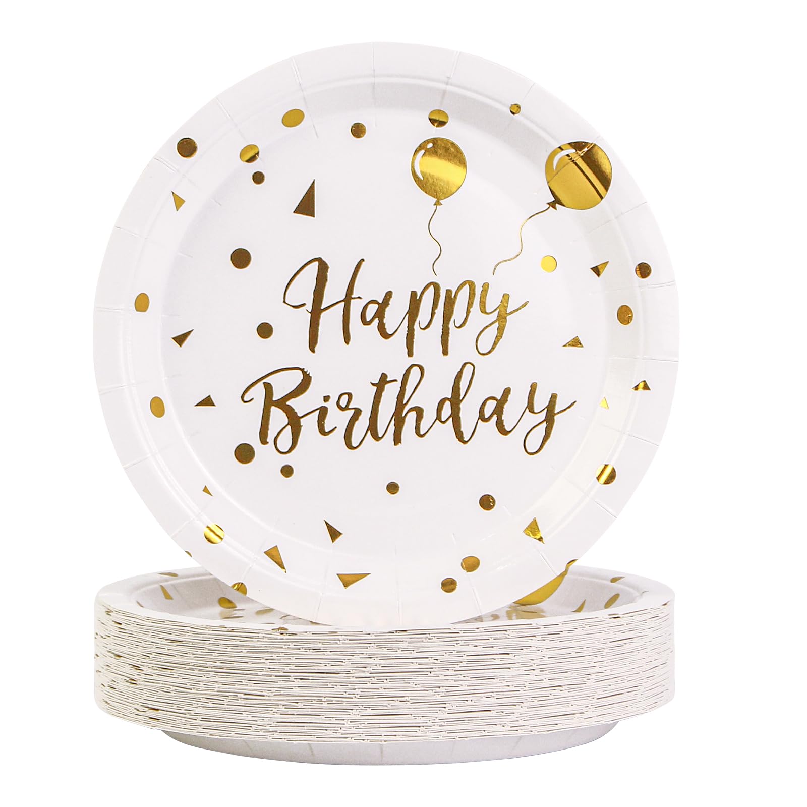 50 Pack Happy Birthday Party Paper Plates, 7 inch White and gold ...