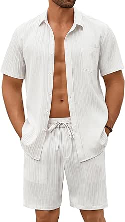 Amazon.com: COOFANDY Mens Beach Outfits 2 Piece Sets Casual Short Sleeve Button Down Summer ...