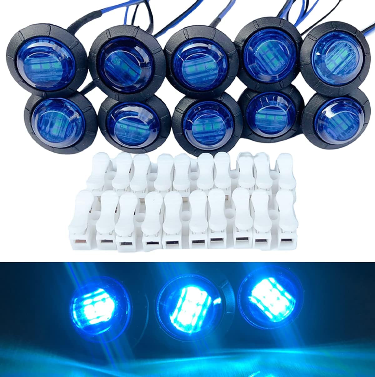 10Pcs Blue 3Led 12V 3/4'' LED Marker Clearance Lights Chicken Round Trailer Side Marker Signal ...