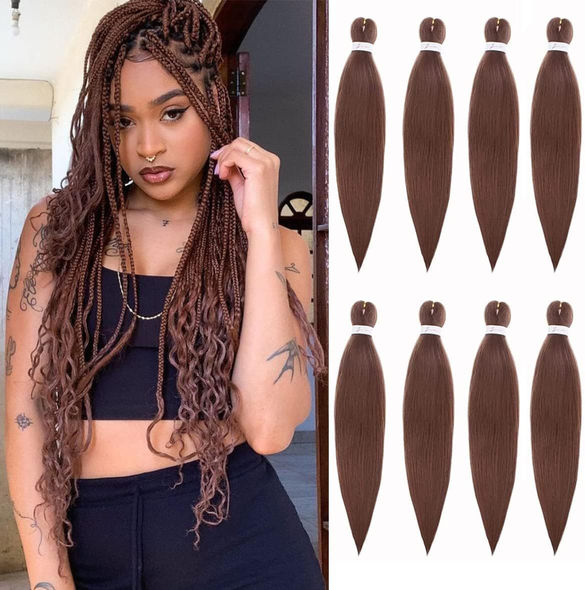 Leeven 20 Inch Pre Stretched Braiding Hair 8 Packs Ombre Medium Auburn ...