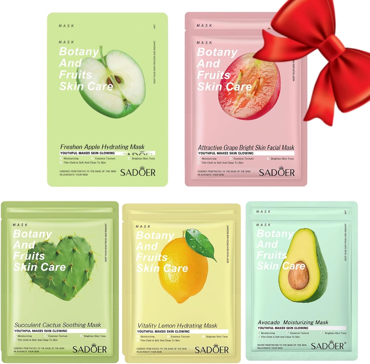 Botanical Fruit Facial Mask Set - Avocado, Cactus, Grape, Lemon, Green ...