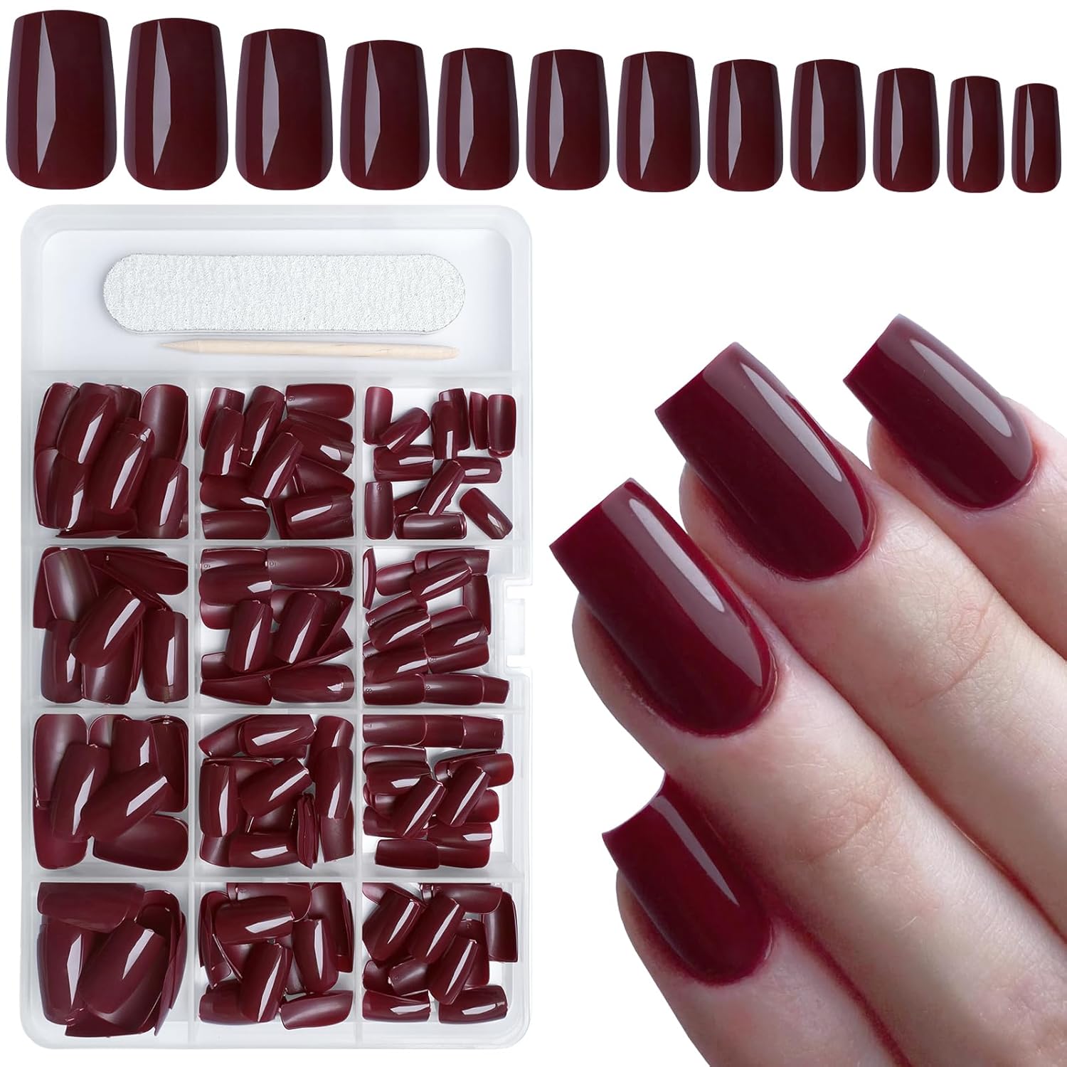 Amazon.com: AddFavor 240pcs Burgundy Press on Nails Medium Square Fake ...