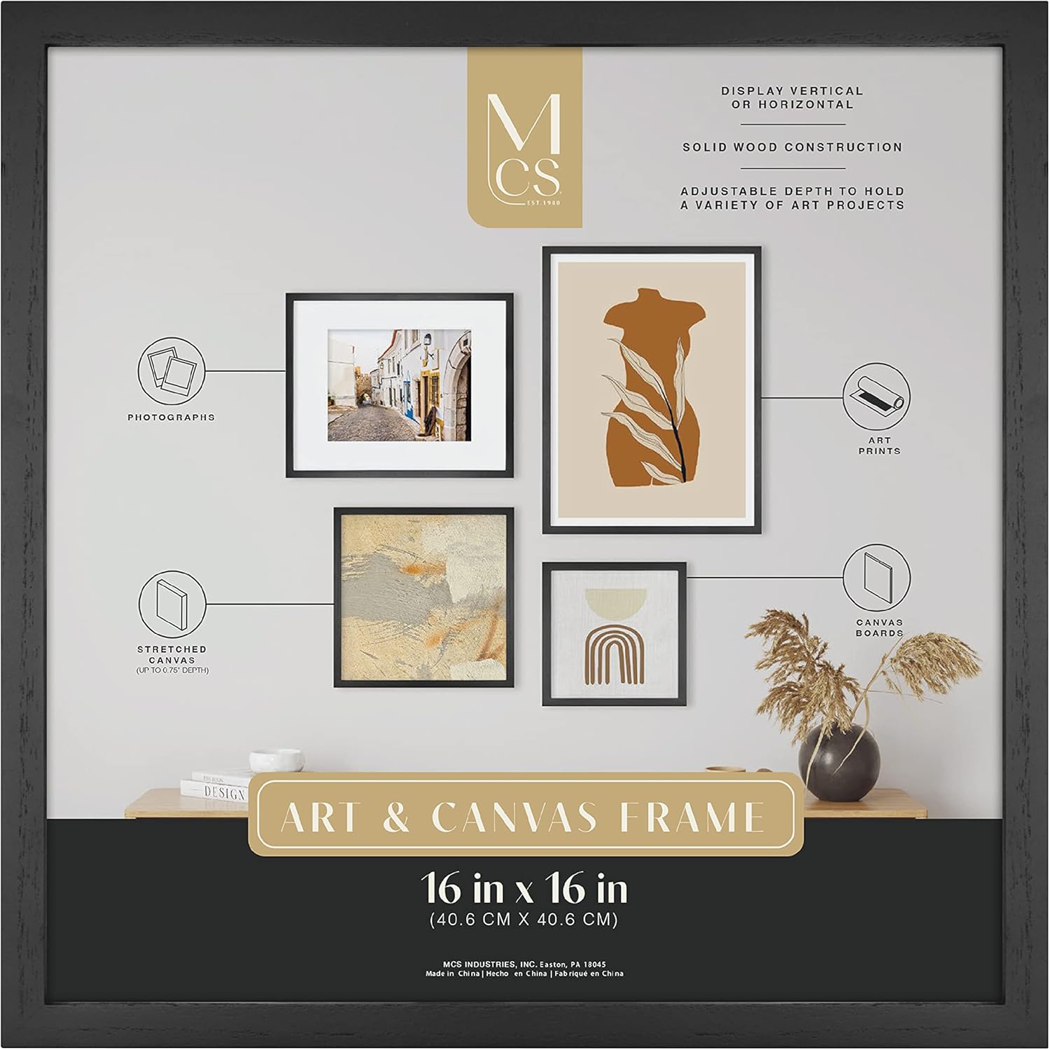 Amazon.com: MCS Gallery Wooden Frame for Canvas, Art Boards, Photos and more, Black, 16x16 Inch