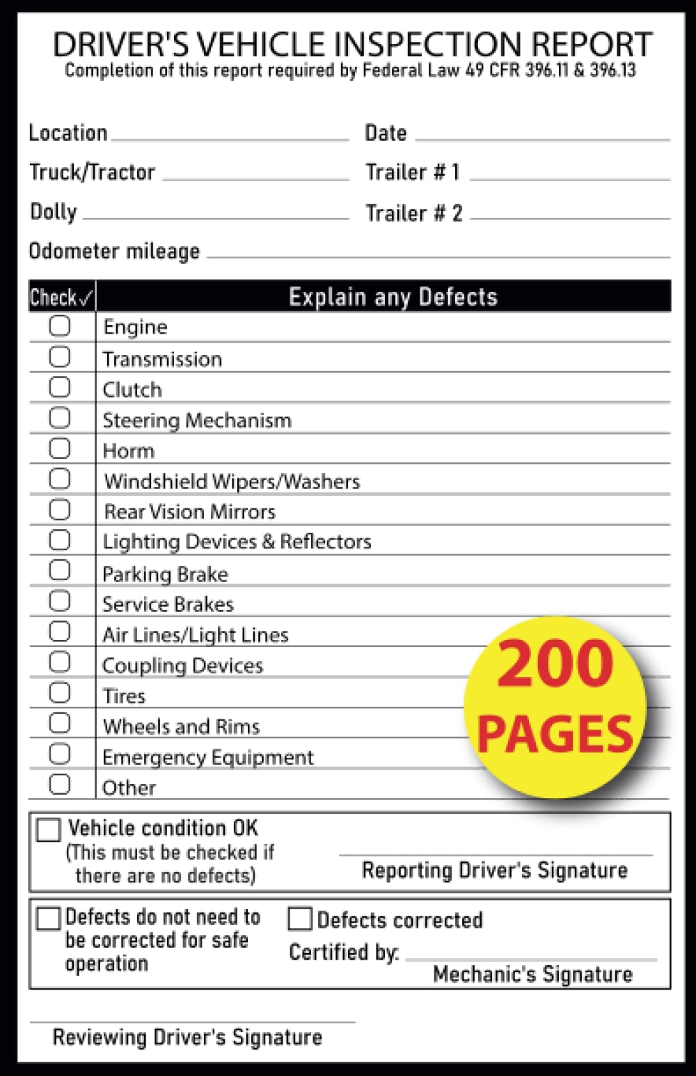 Simplified Driver's Vehicle Inspection Report: Vehicle's Daily ...