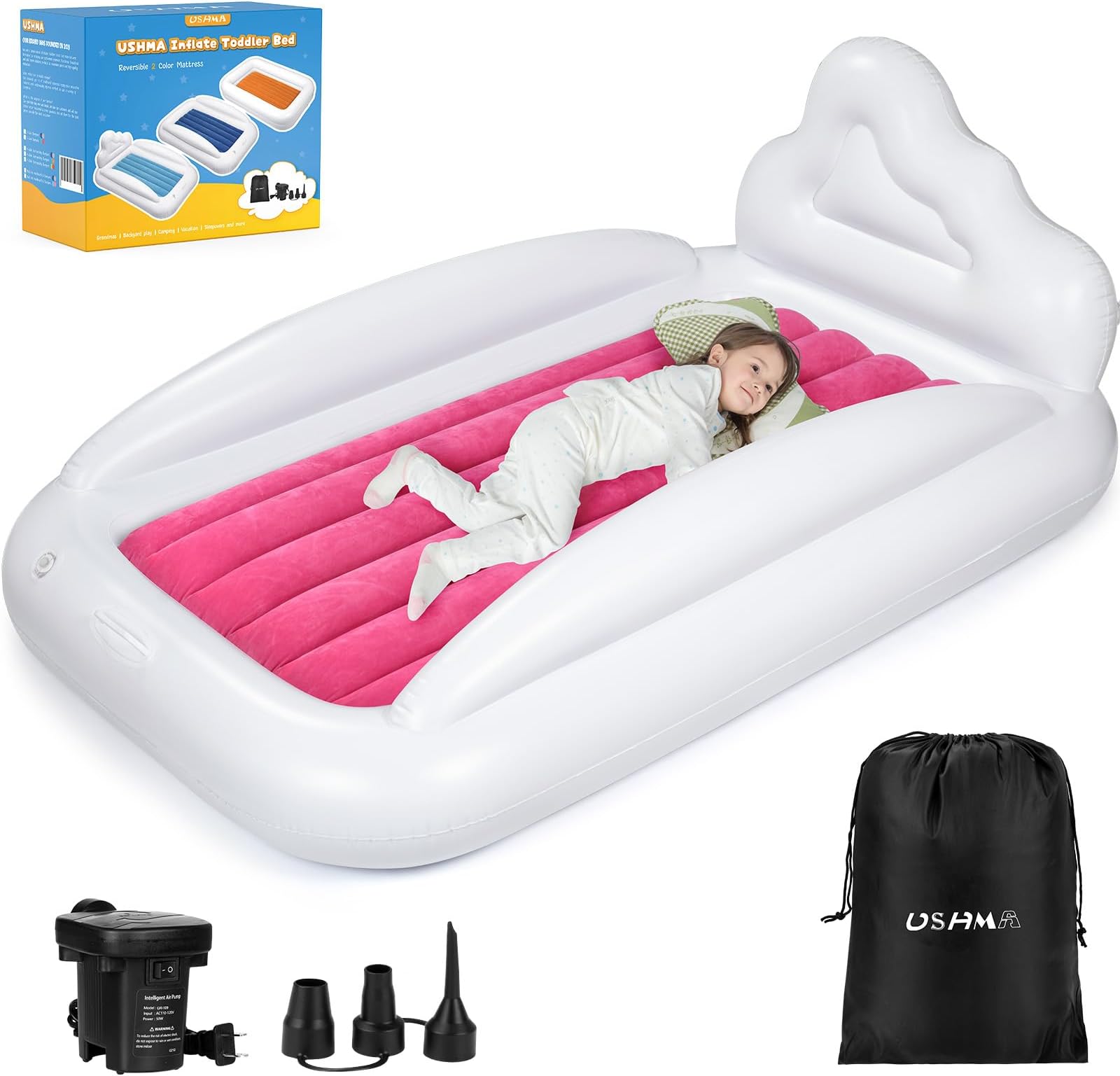 USHMA Inflatable Toddler Travel Bed, Double-Sided Kids Air Mattress ...