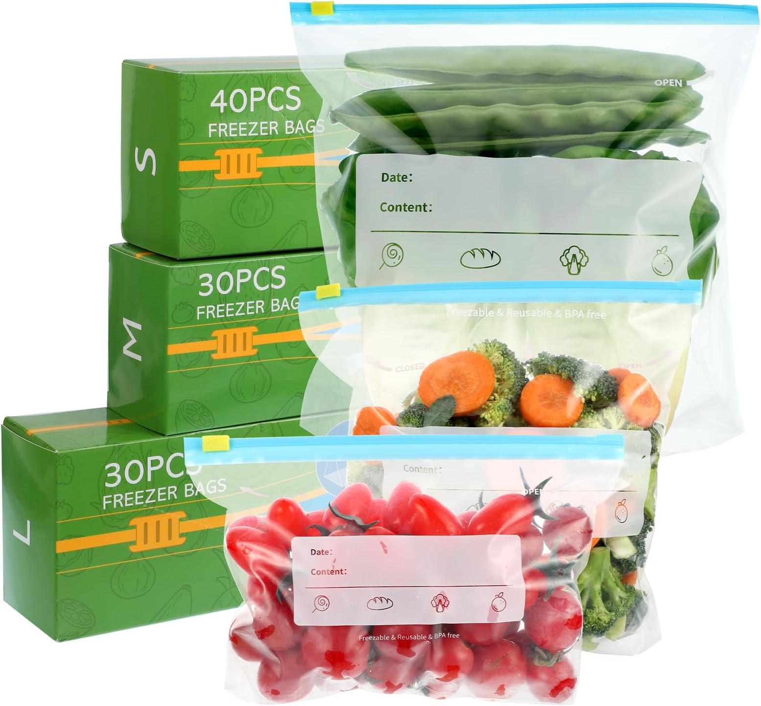 SOLVEIX Food Storage Freezer Bags - 70 Pcs with 2 Rolls of Bin Bags ...