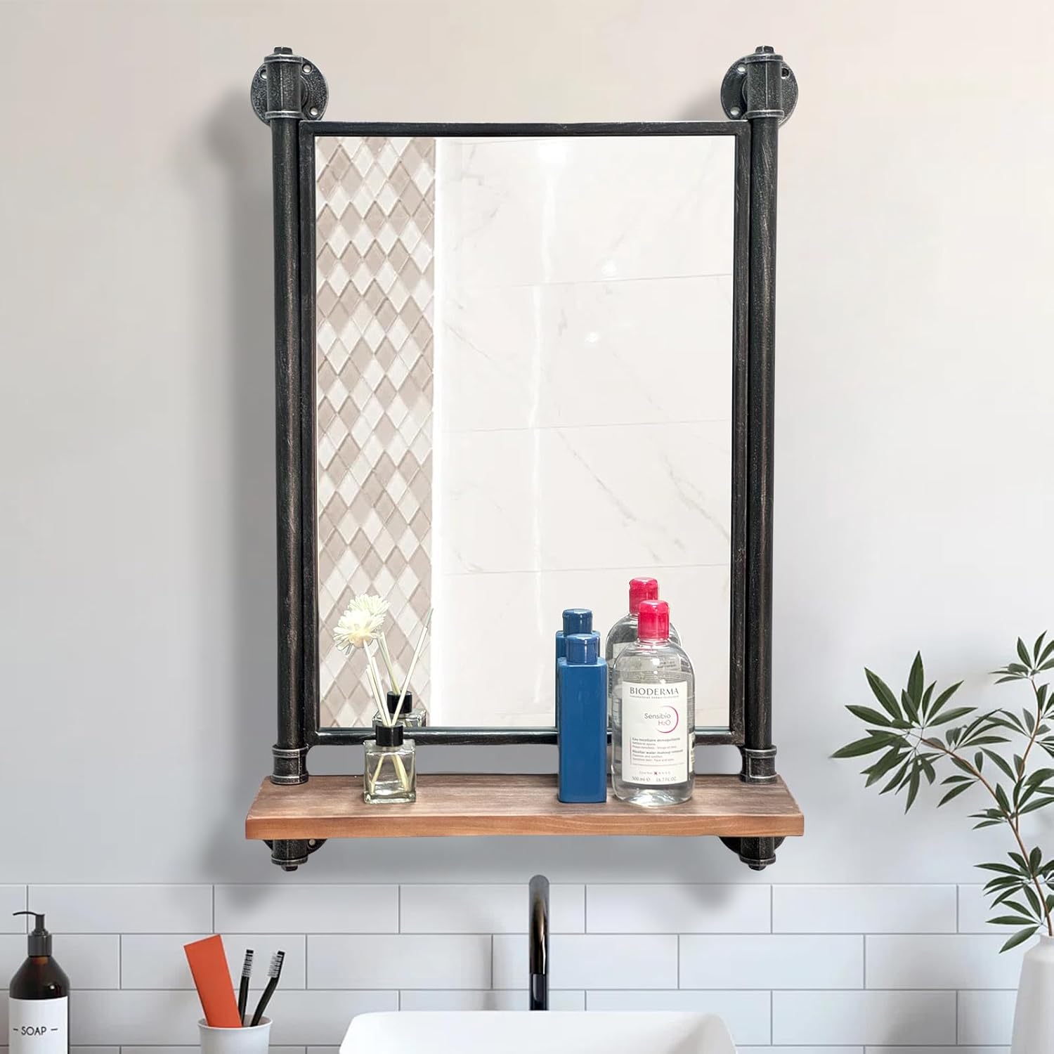 Amazon.com: Rectangle Bathroom Mirror with Wood Shelf,Industrial Pipe ...