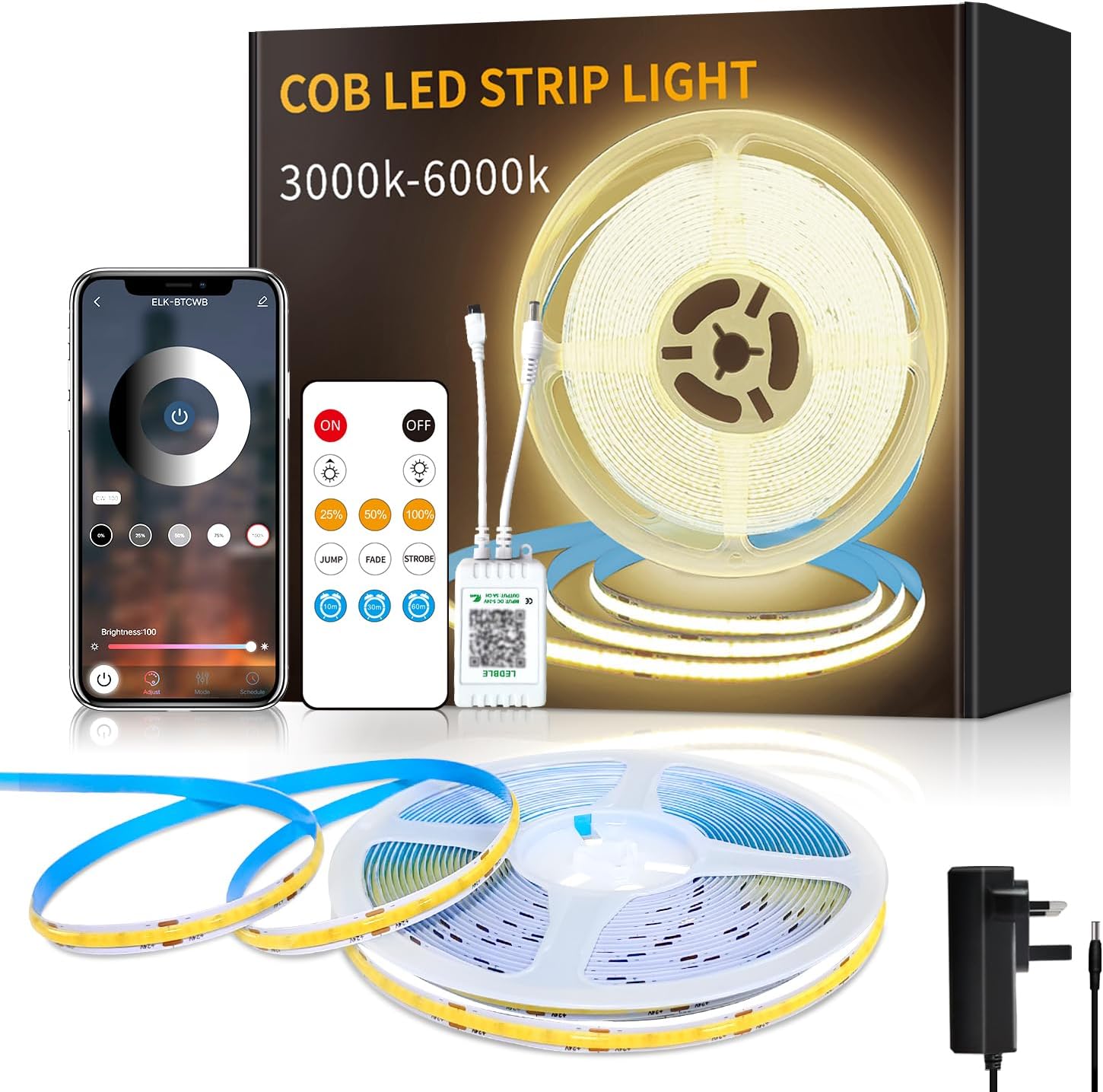 Yeewhale COB LED Strip Lights 3000K 10M 24V Dimmable LED Strip Kit ...