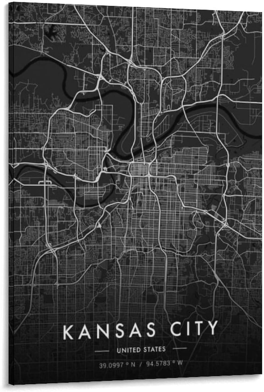 Amazon.com: Kansas City Map Dark Canvas Decoration Simple Landscape ...
