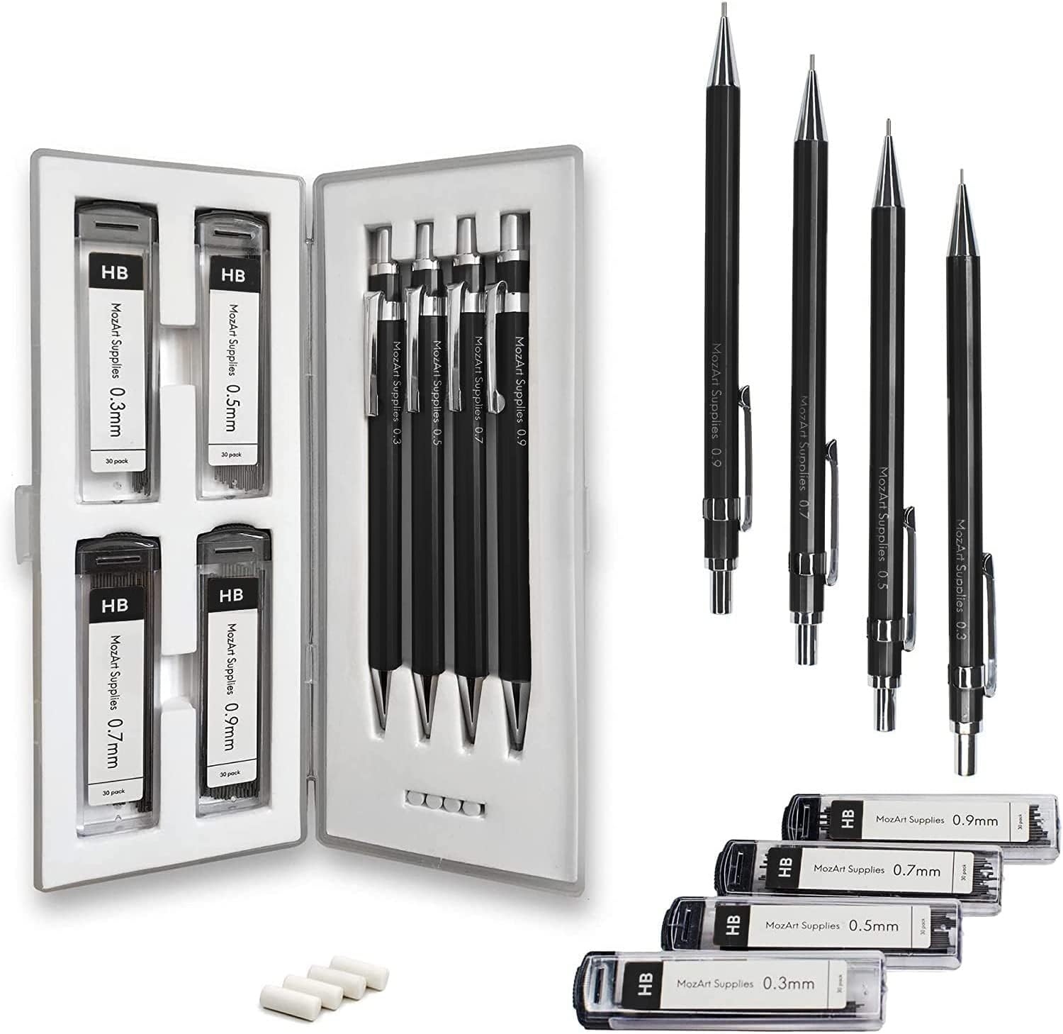 MozArt Black Mechanical Pencil Set with Case - 4 Sizes: 0.3, 0.5, 0.7 ...