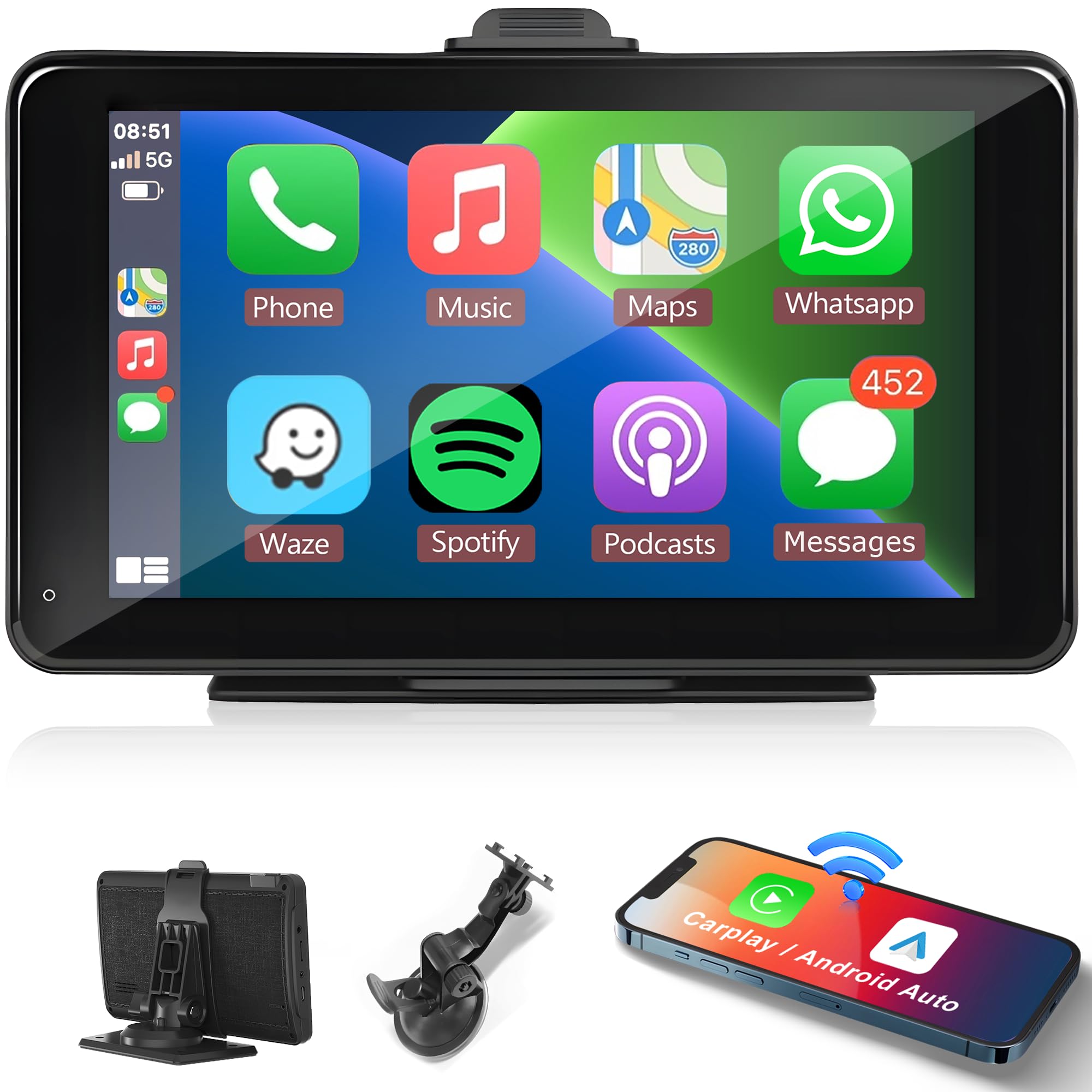 Buy Podofo Portable Car Stereo Wireless Apple Carplay Android Auto, 7 ...