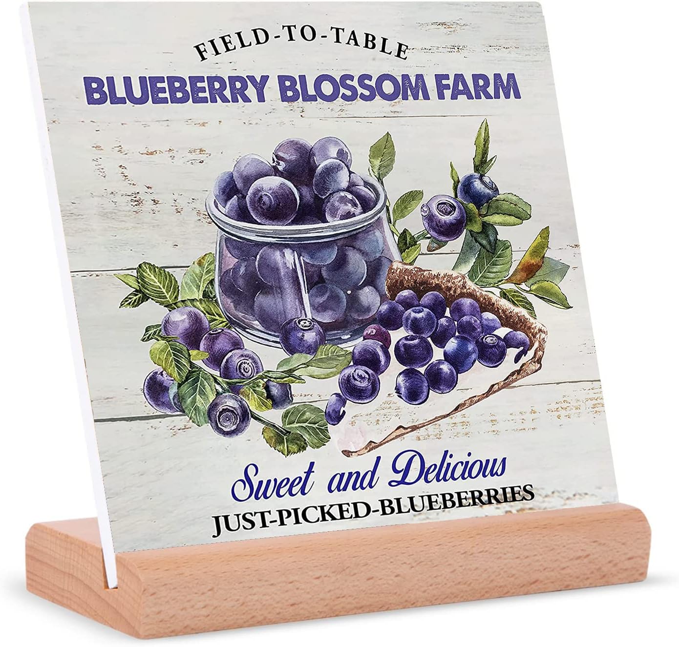 Amazon.com: Farmhouse Blueberries Ceramic Table Plaque with Wooden ...