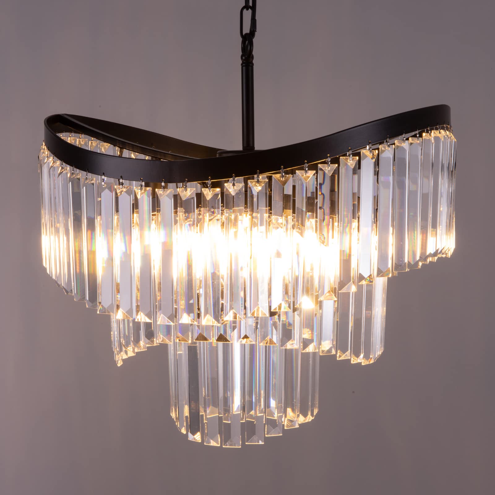Wellmet Black Modern Crystal Chandelier, 3 Tiers Adjustable Hanging ...