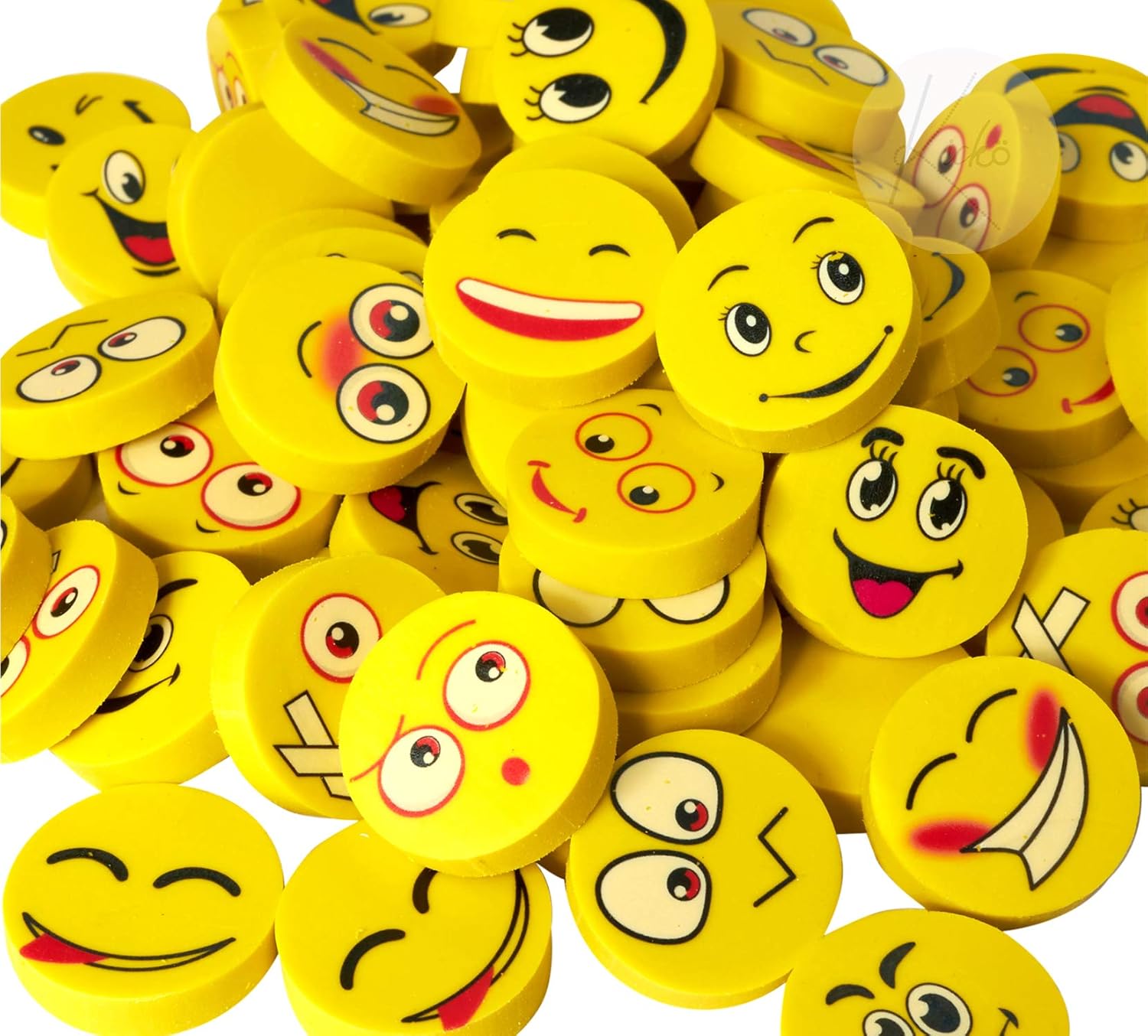 Kicko Emoji Eraser - 72 Pack - Yellow Emoticon Round Face Assortment ...