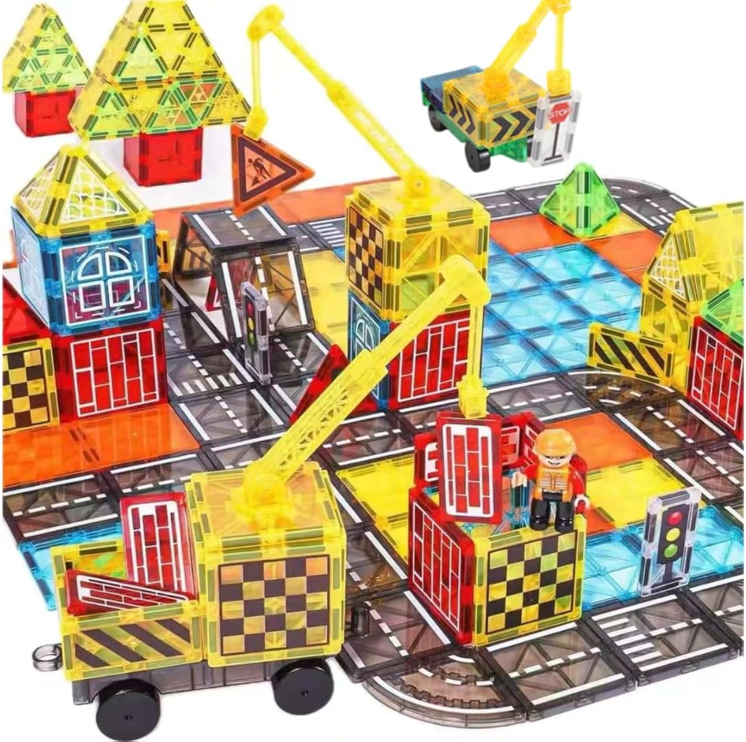 Magnetic Tile Road Set 42 PCS, Magna Tiles Construction Toys with Crane ...