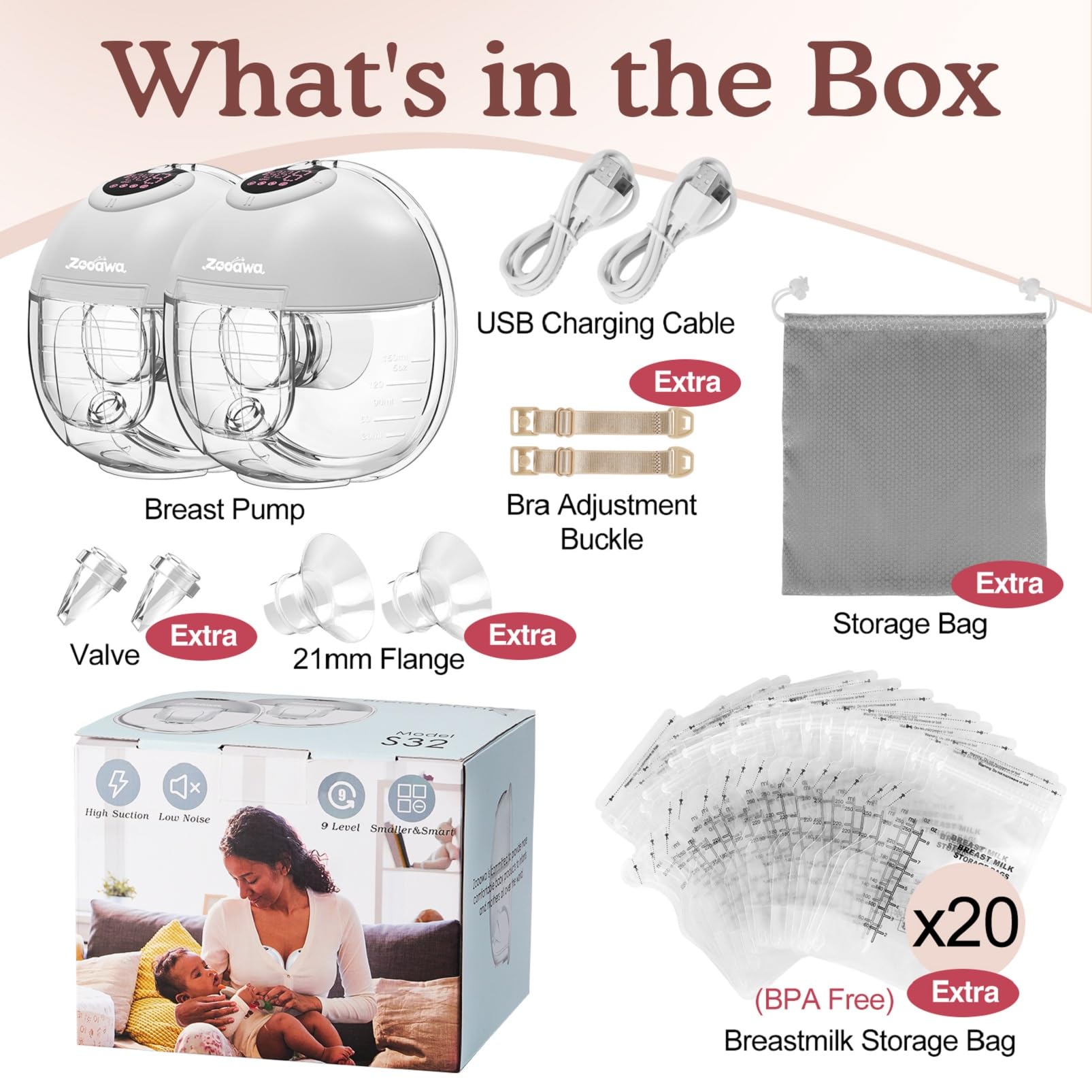 Zooawa Breast Pump, Wearable Breast Pump, S32 Hands Free Breast Pump ...