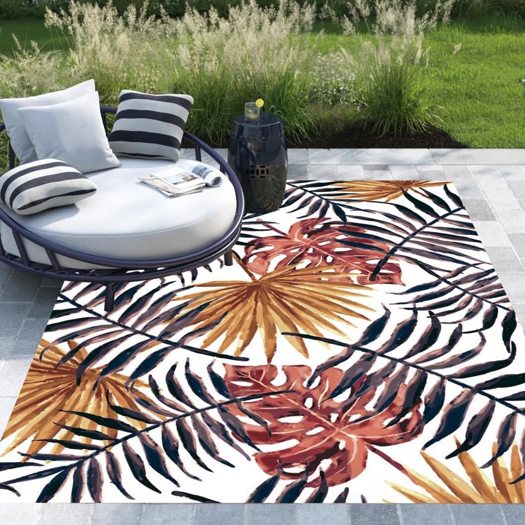 Amazon.com: Retro Palm Leaf Print Outdoor Rug 5x8 Black Red Tropical ...