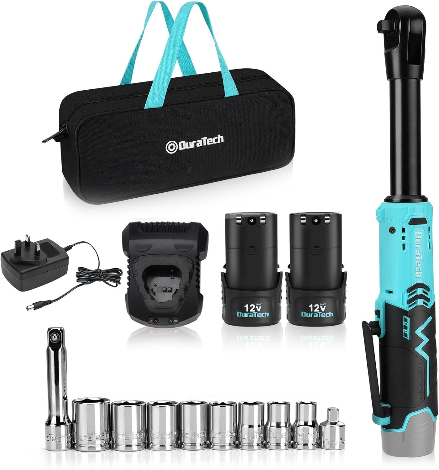 DURATECH 12V Extended Cordless Ratchet Wrench with Tool Bag, 3/8 ...