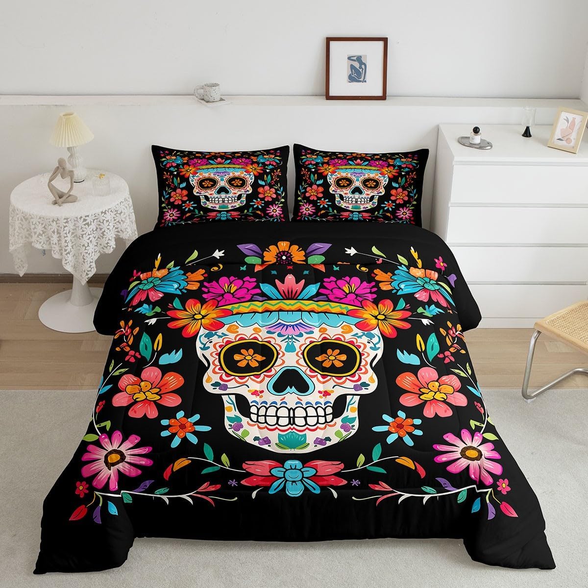 Amazon.com: Sugar Skull Comforter Set Full Size,Colorful Vintage Floral ...