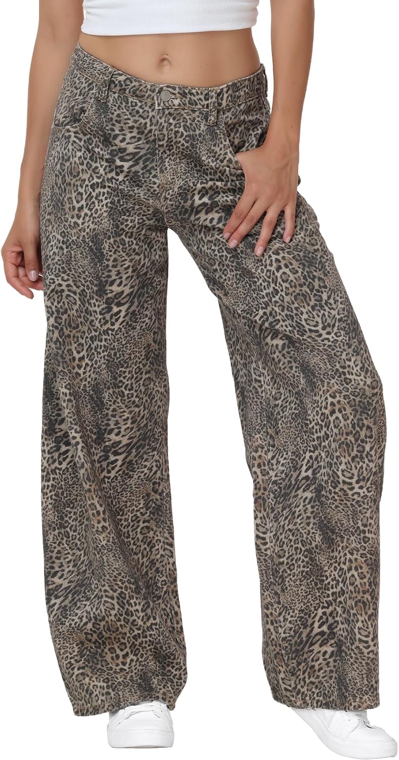 PPONE Leopard Pants Women Cheetah Print Pants Barrel Jeans Women Baggy ...