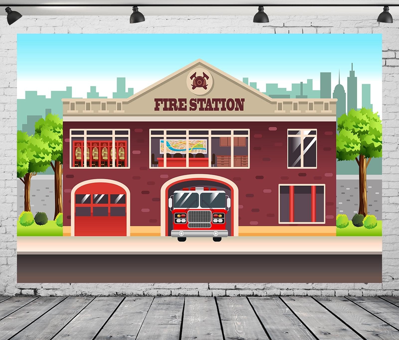 Amazon.com : BELECO 7x5ft Fabric Cartoon City Fire Station Backdrop ...