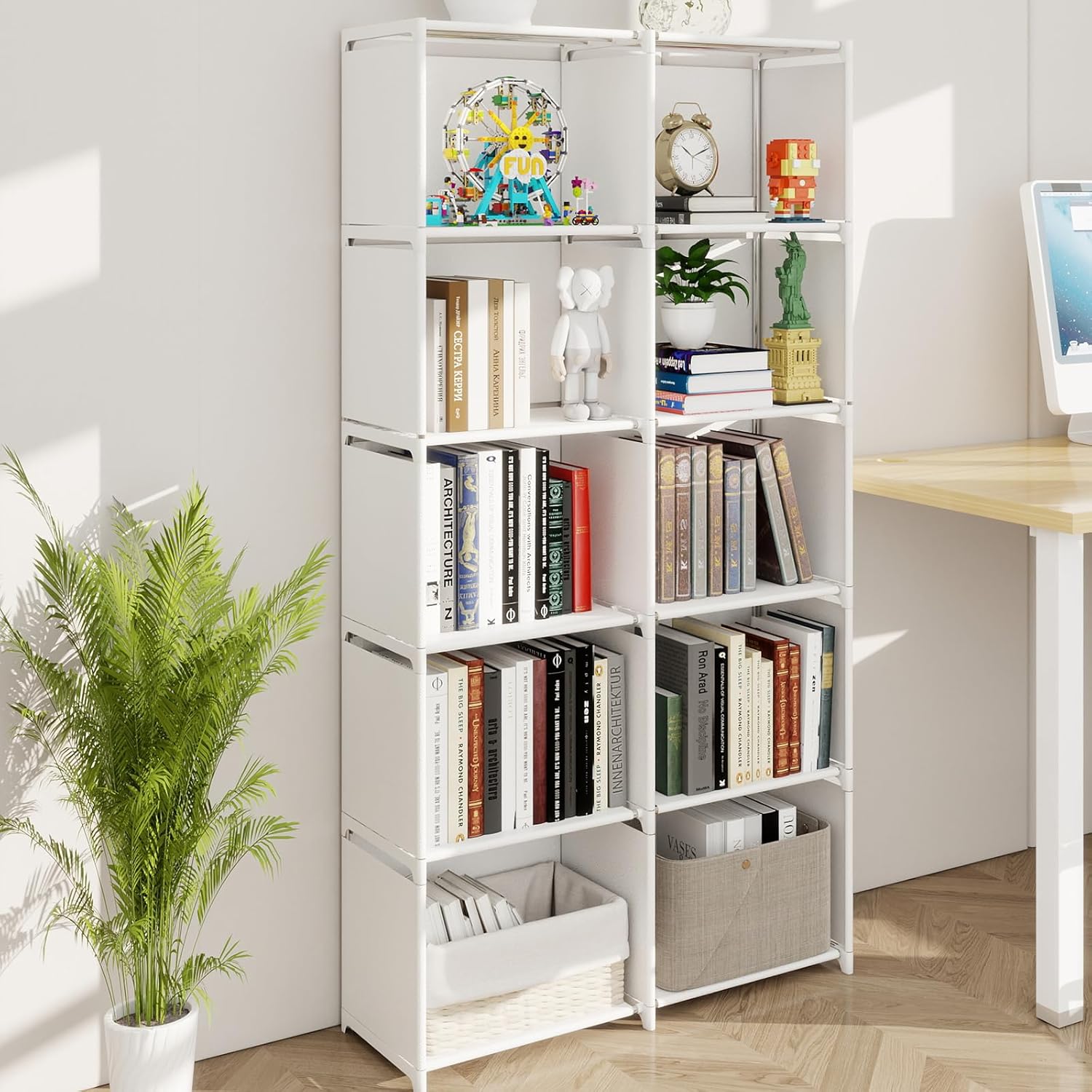 CROWNSHOP Bookshelf, 5-Tiers Bookcase with Fabric Cloth at Back, 10 ...
