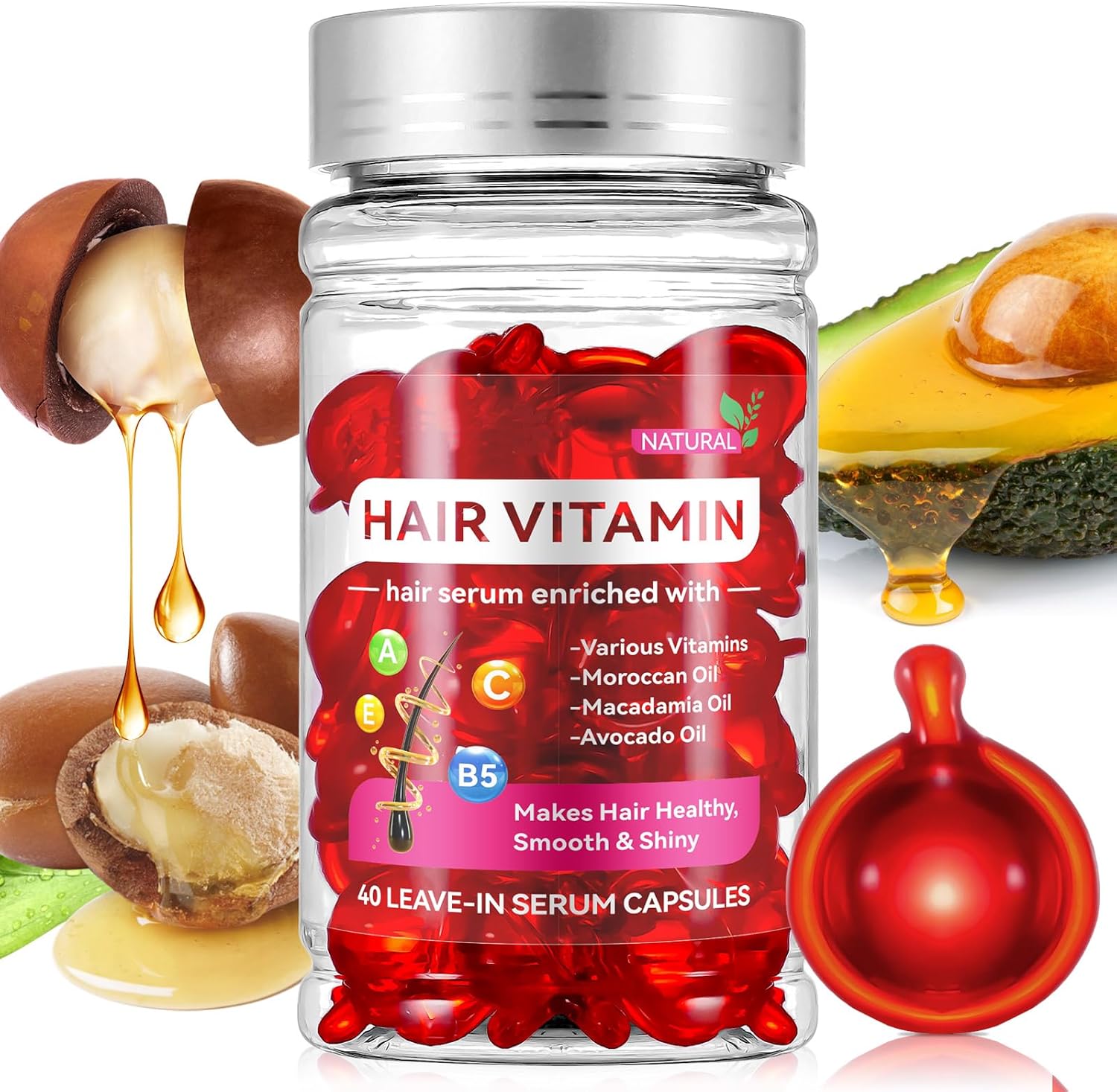 40 PCS Hair Vitamin Serum Capsule, Hair Treatment Serum Enriched with Moroccan Macadamia Avocado ...