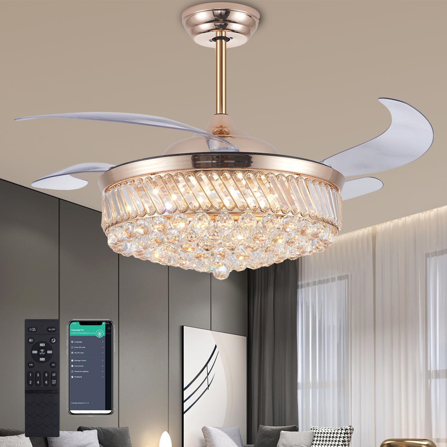 PAFRUMGE 52" Dimmable Gold Fandelier Crystal LED Ceiling Fans with ...