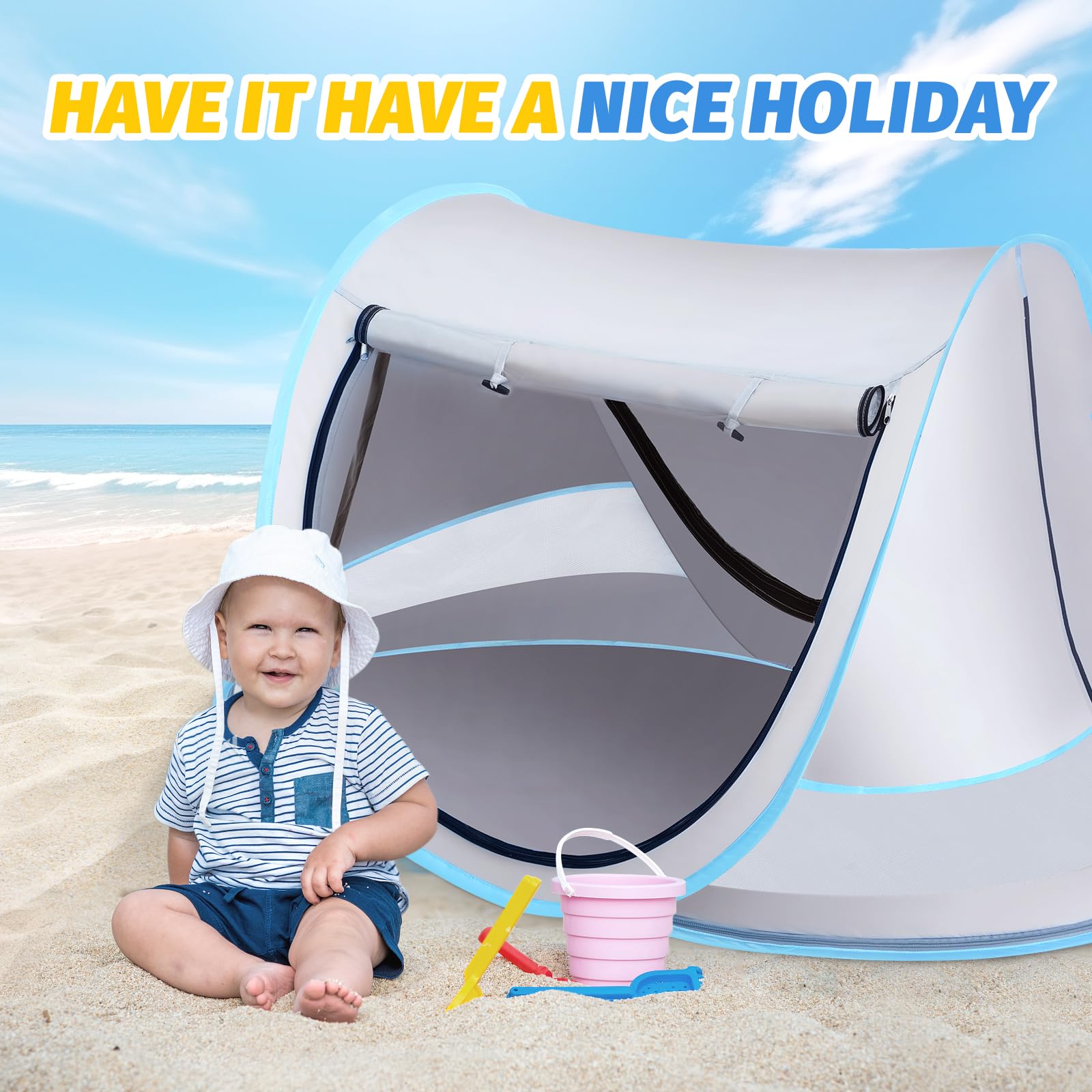 Baby Beach Tent with Baby Hat, Pop Up Toddler Travel Tent with Sun Hat ...