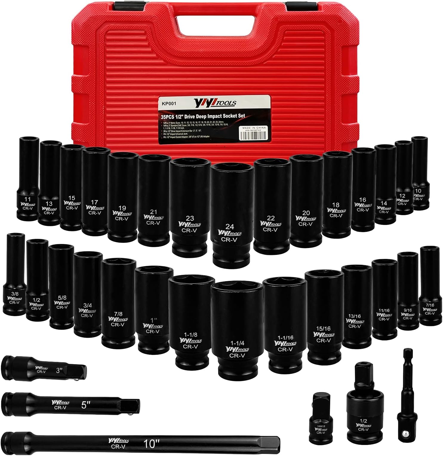 Boen 35 Pieces Impact Socket Set, 1/2 Inch Drive & 3/8 Inch Drive SAE ...