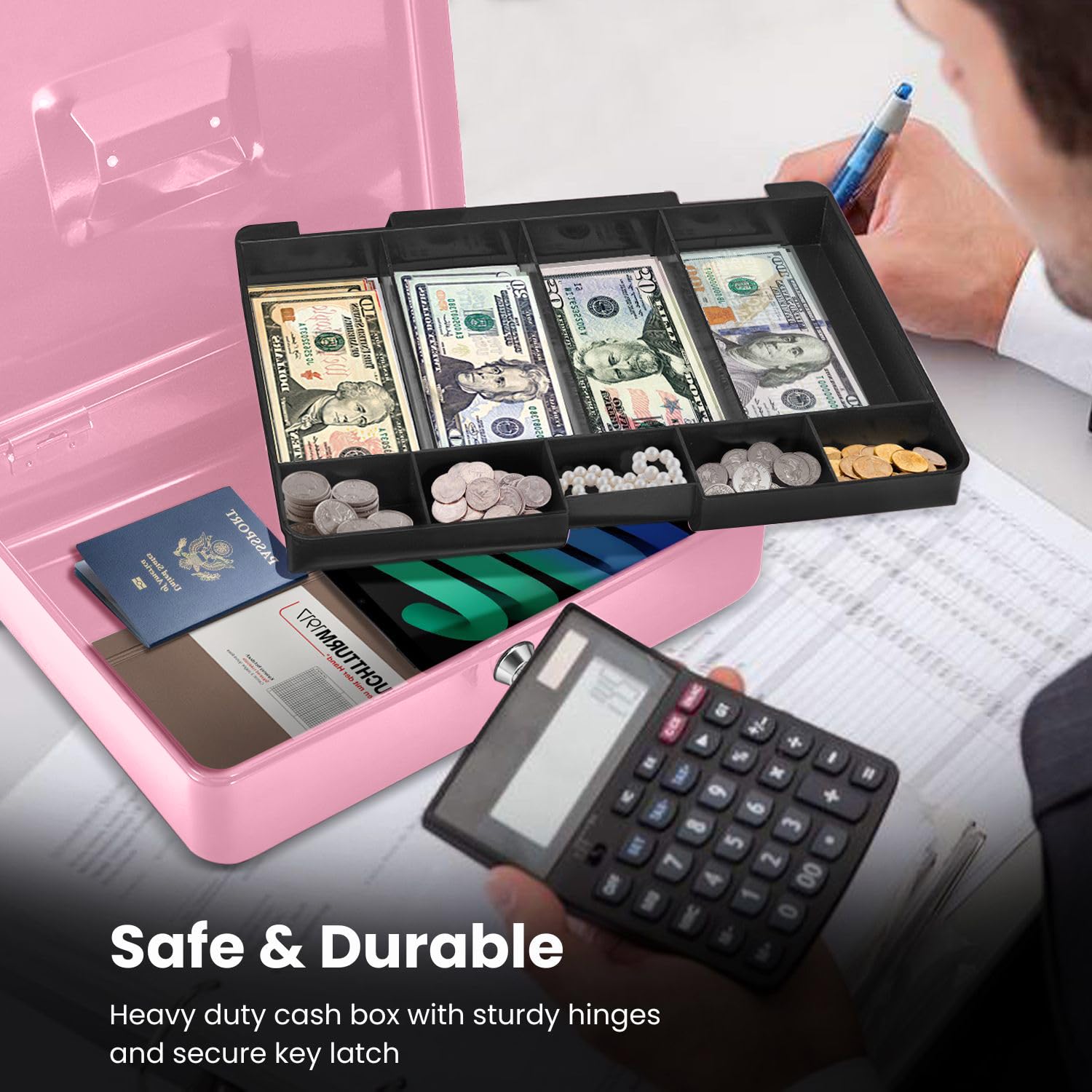 Flexzion Cash Box with Money Tray and Lock - Metal Cash Box for Small ...