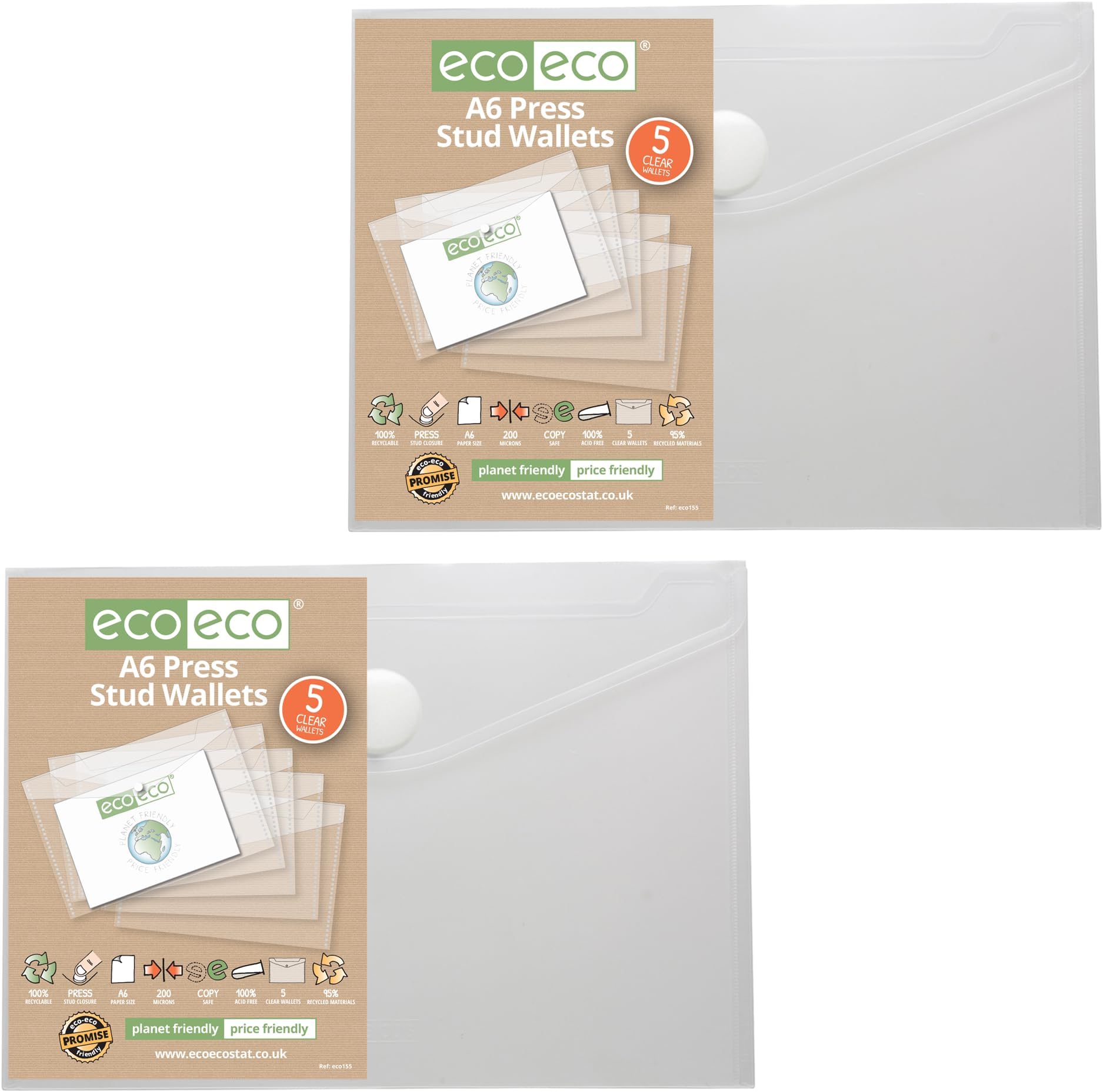 eco-eco A6 95% Recycled Clear Press Stud Popper Wallet, Plastic Folders ...