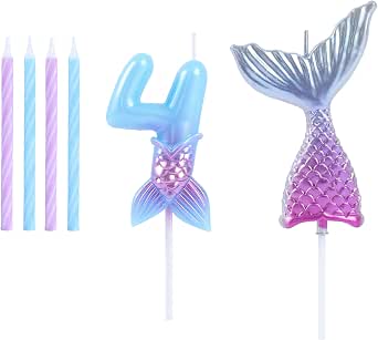 EAKE Number 4 Mermaid Birthday Candles Set Dreamy Blue Purple with 1 Pc ...