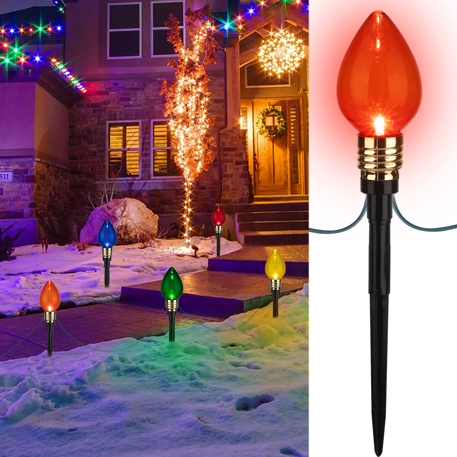 Brightown 2 Pack C9 Christmas Pathway Lights Outdoor,Total 34.8 FT 20 ...