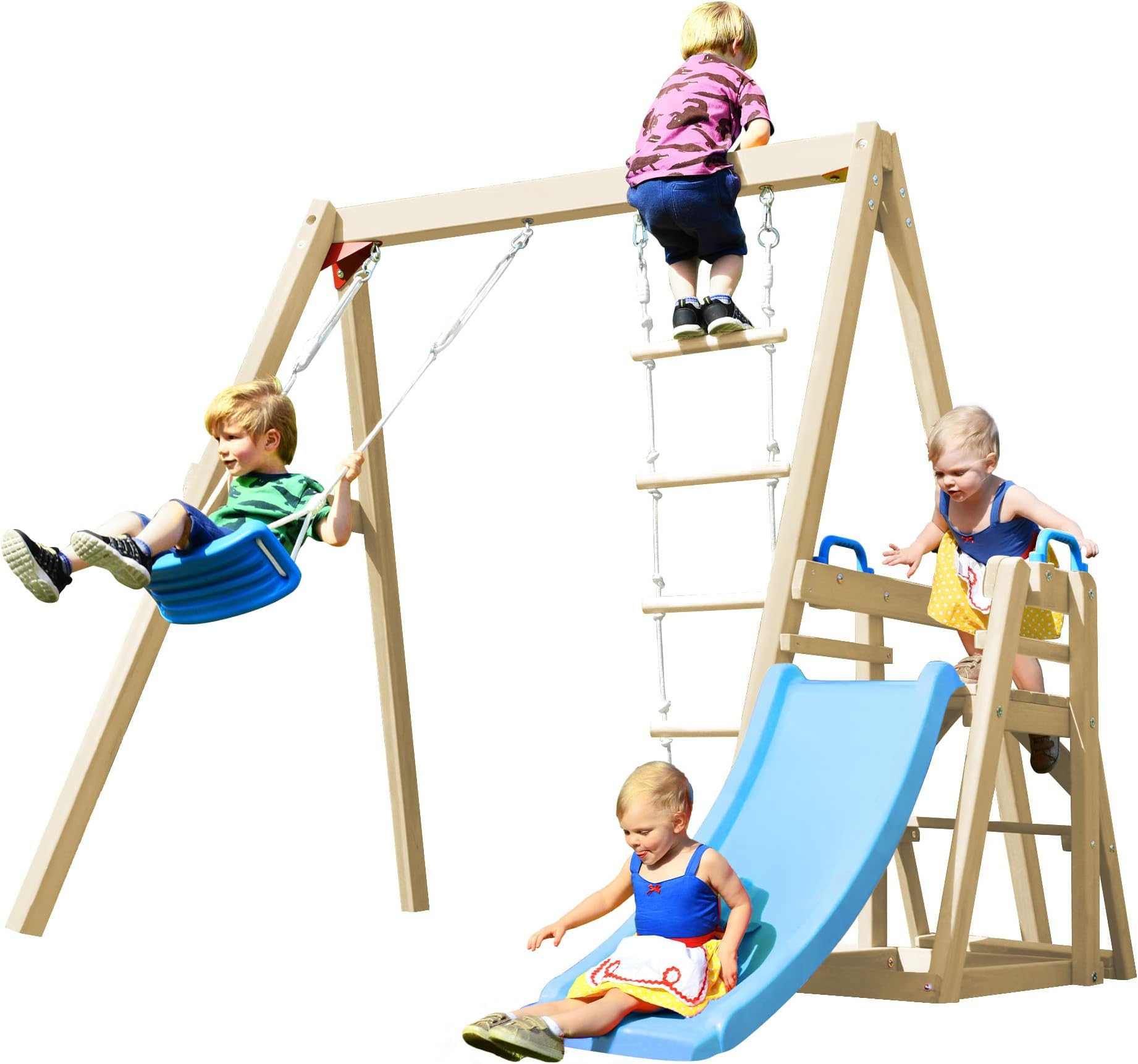 Amazon.com: HAUSHECK Kids Swing Set for Backyard, Wooden Outdoor ...
