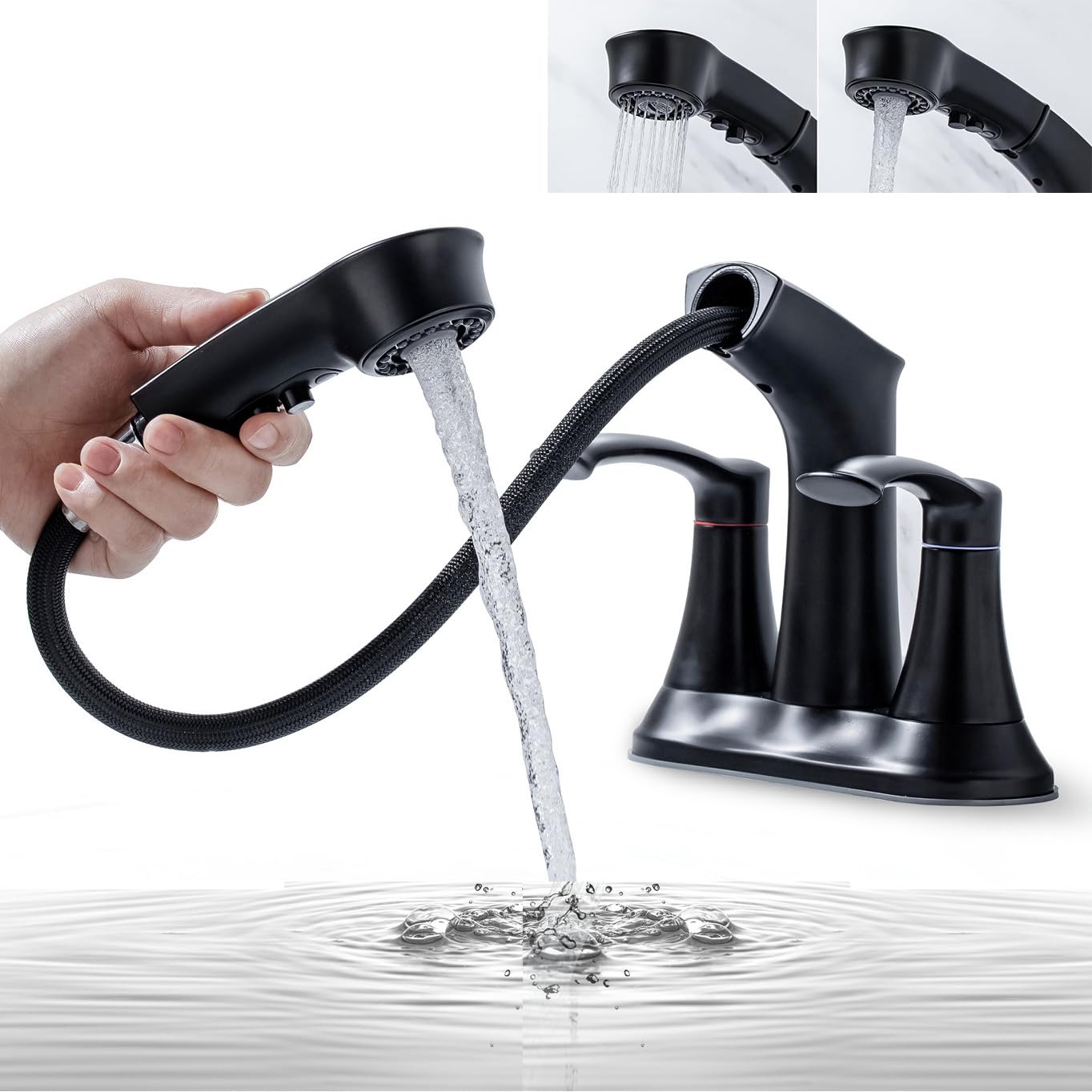 Bathroom Faucet with Pull Out Sprayer, 4 Inch Centerset 3 Hole Faucet ...