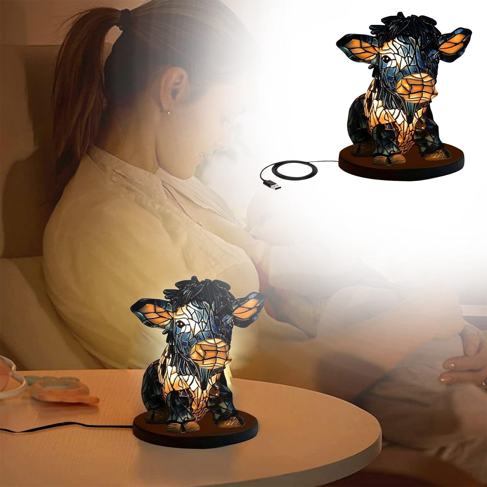 Highland Cow Resin Table Lamp - 3D Animal Night Light with USB Ports ...
