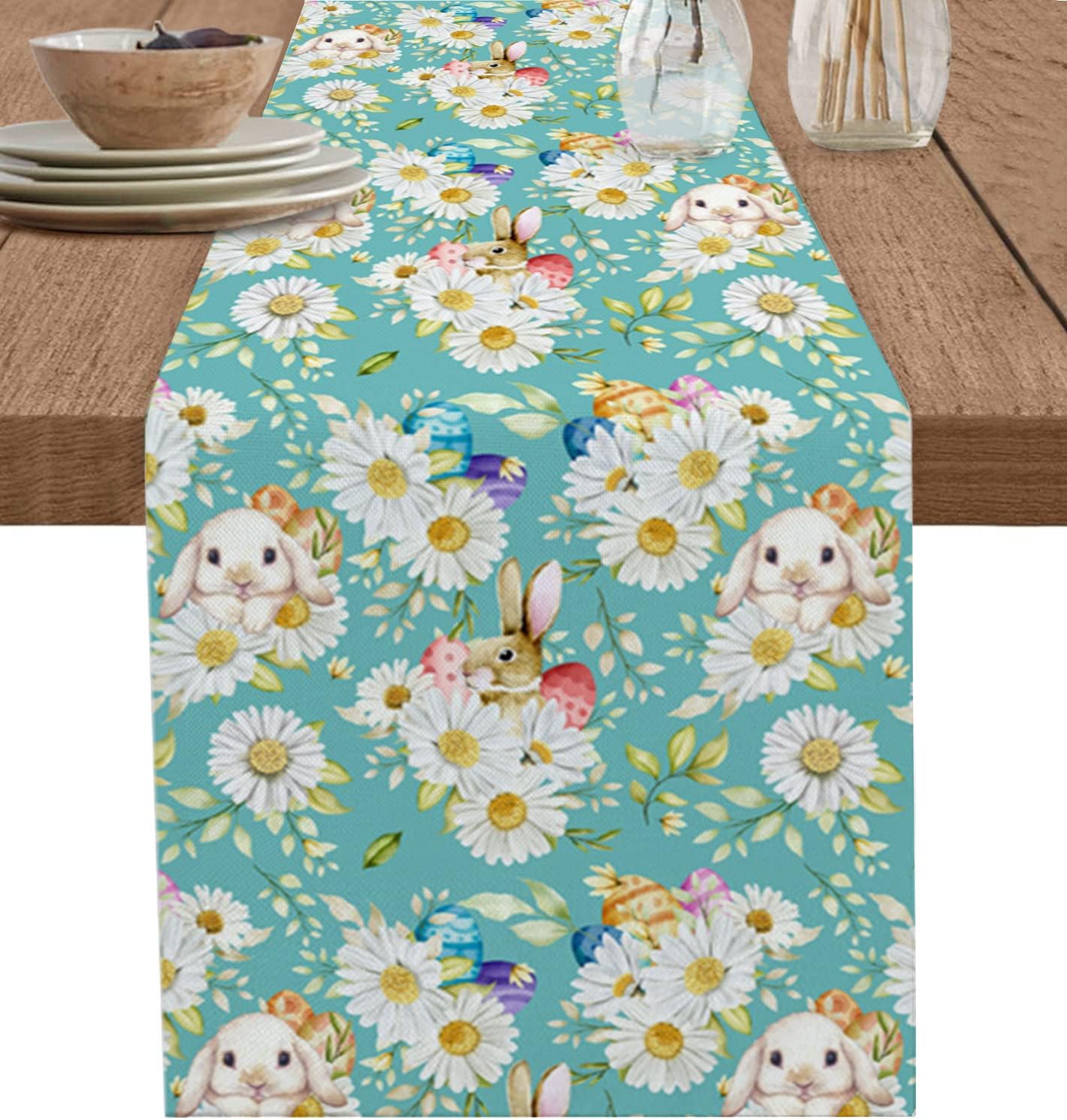 Amazon.com: Table Runner 13x36 inches Long Easter Bunny Eggs Daisies ...