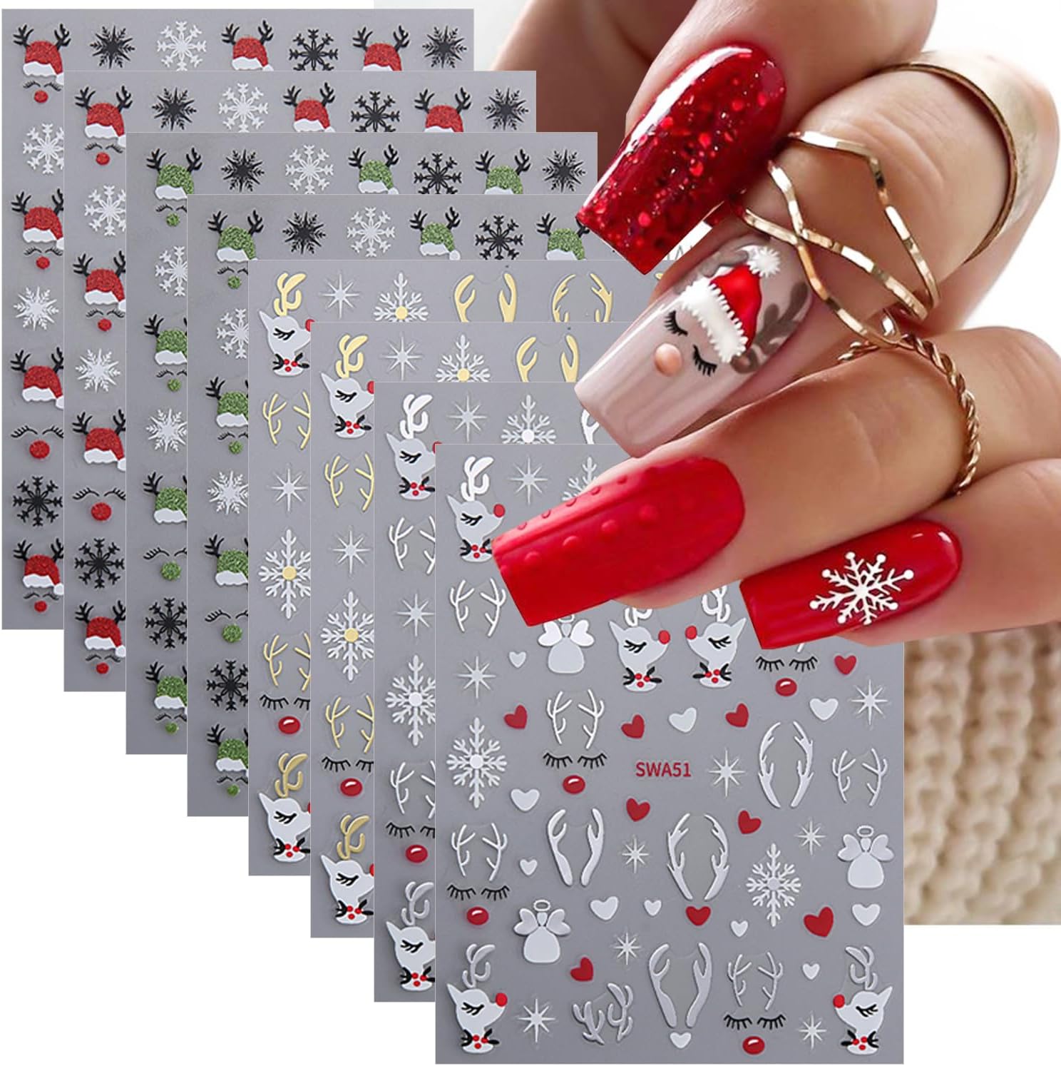 Amazon.com: 8Sheets Christmas Nail Stickers - Snowflake Elk Designs, 3D ...