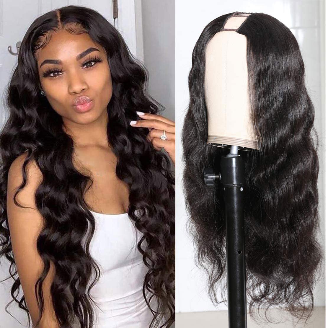 Amazon.com : Sunber U Part Wig Body Wave Human Hair Wigs for Women 10A ...