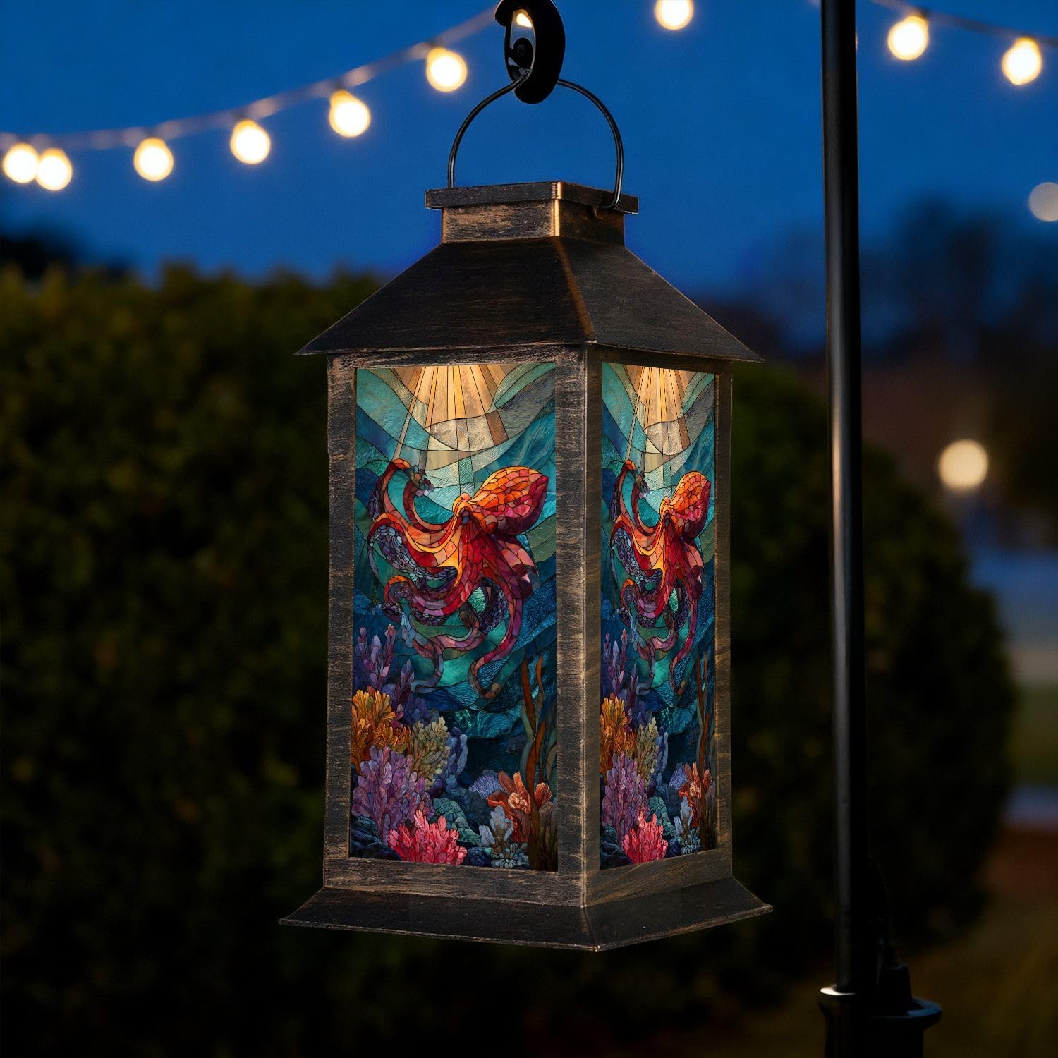 Amazon.com: Solar Lantern Electric Blue Red Octopus Stained Glass Ocean ...