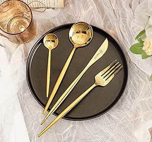 Amazon.com | 24 Piece GoldSilverware Set for 6 With Cute Pattern ...