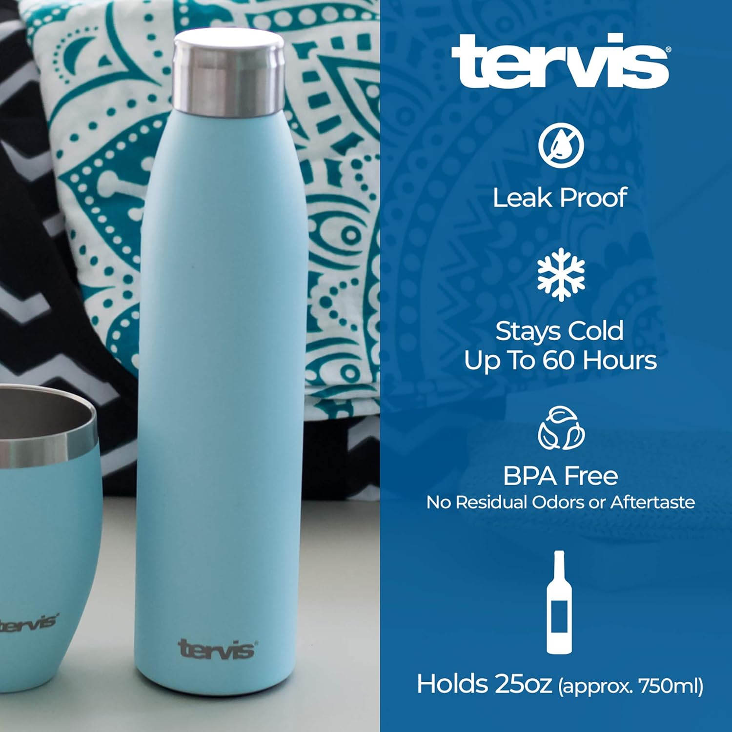 Tervis Powder Coated Stainless Steel Insulated Tumbler, 25oz Slim Mouth Bottle, Deepwater Blue ...