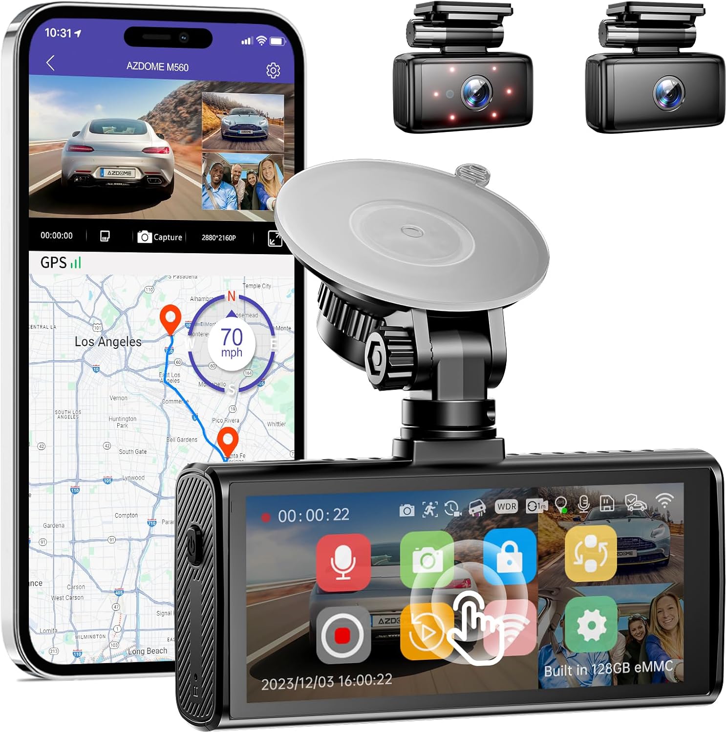 Amazon.com: AZDOME M560 3 Channel 4K Dash Cam, 4" IPS Touchscreen Built-in eMMC 128GB Front and ...