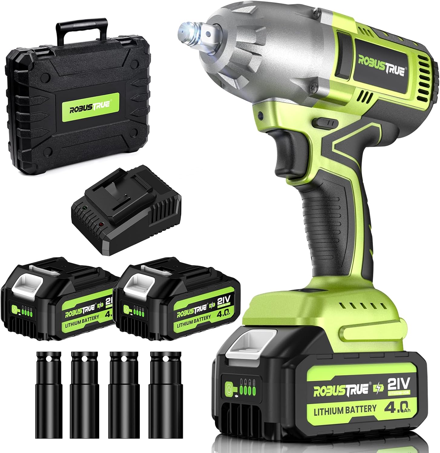 Robustrue Clé à choc sans fil Couple maxi 800N.m (590Ft lbs), 2 batteries 4.0Ah Li-Ion avec ...