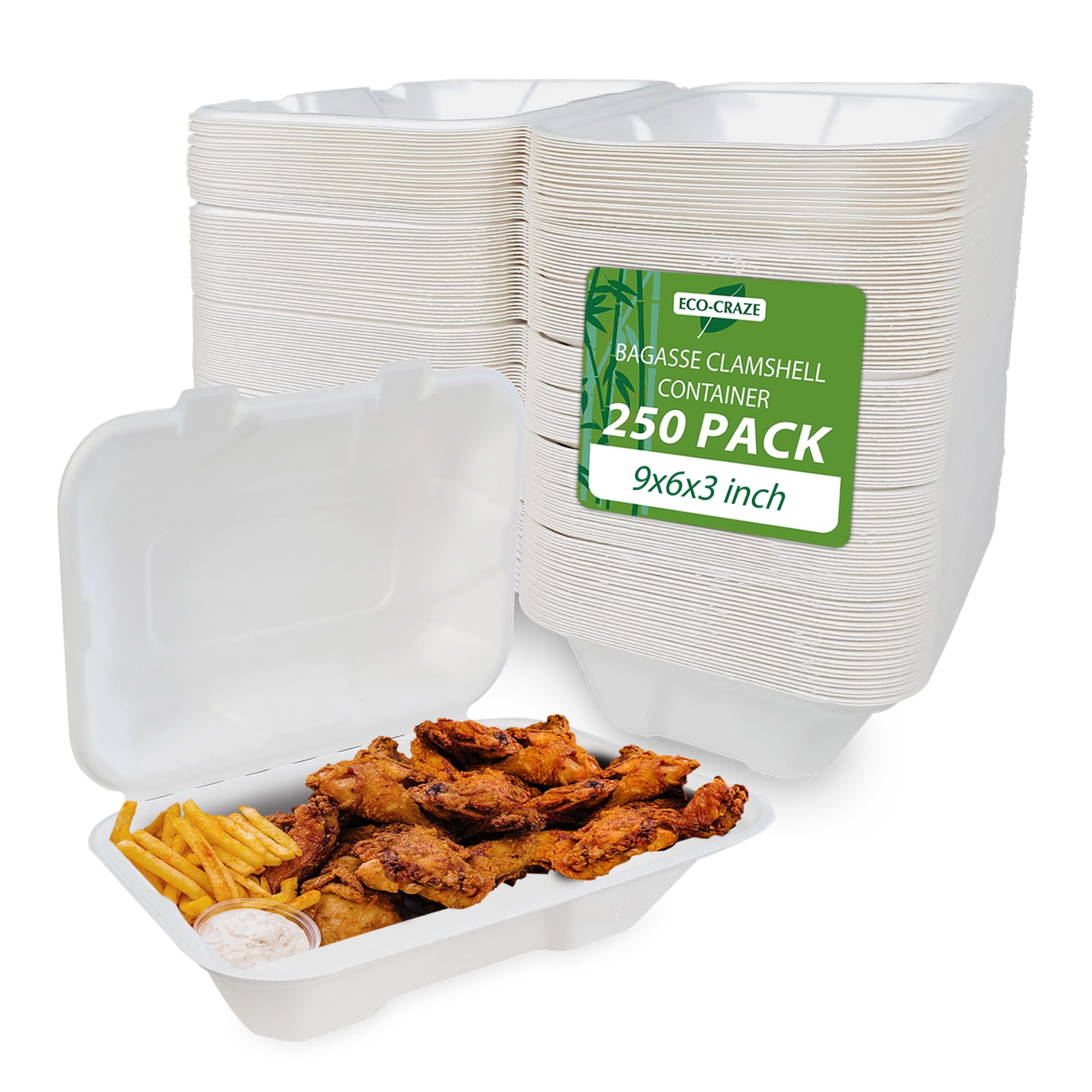 Eco-Craze (250 Count) (9x6x3 inch) Single Compartment Bagasse Clamshell ...