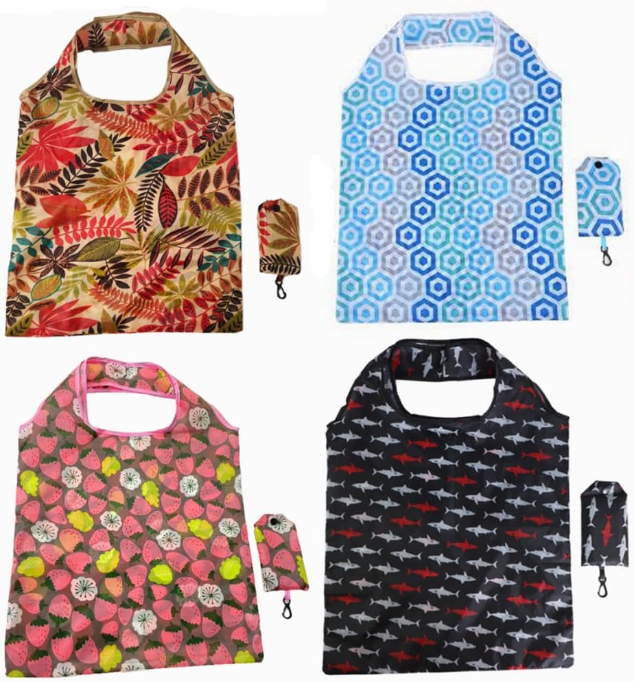 Reusable Shopping Bag 4 Pack Foldable Grocery Bags With Pouch Washable
