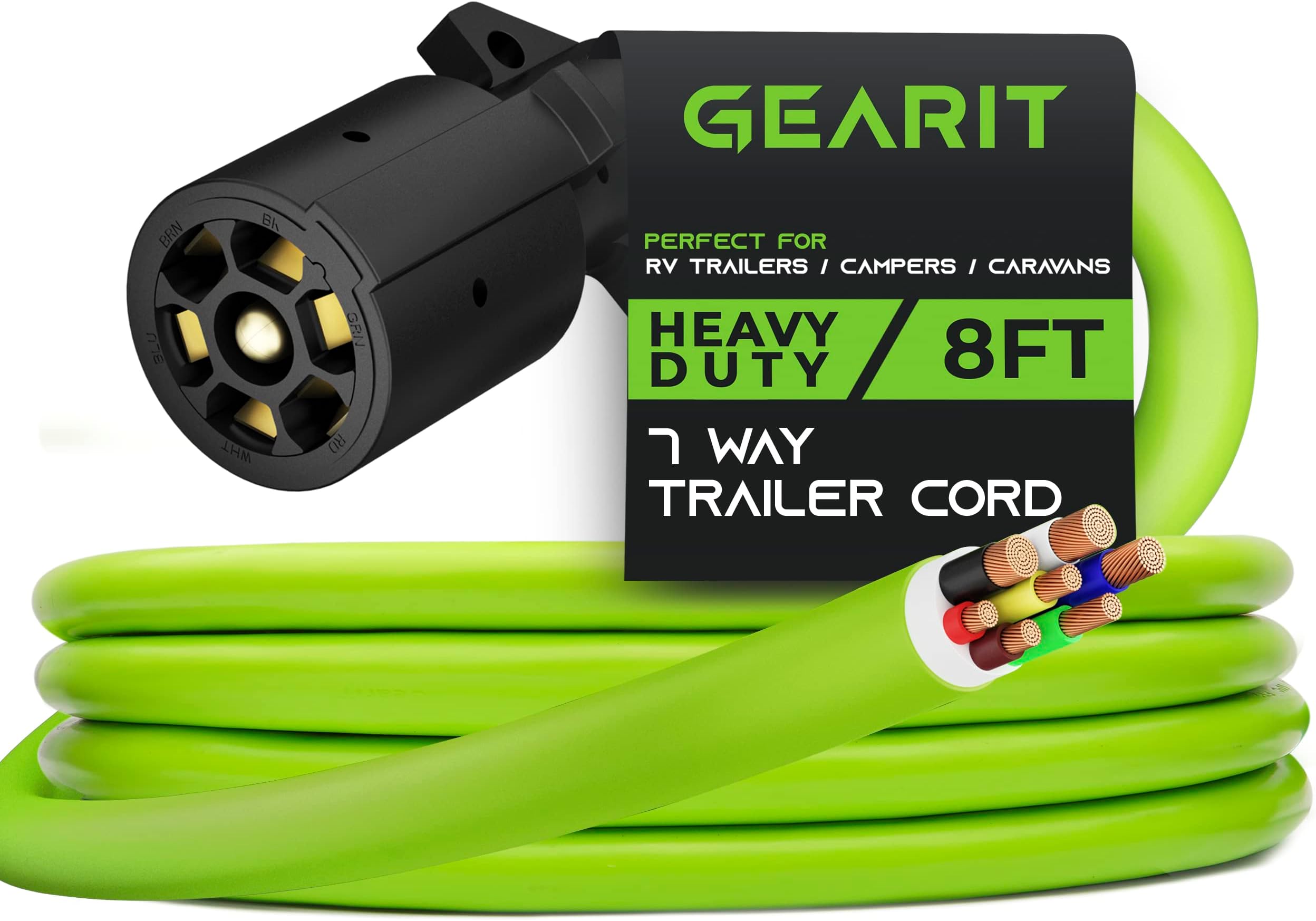 GearIT 7 Way Trailer Cord (8 Feet) 7-Pin Plug Weatherproof Heavy Duty ...