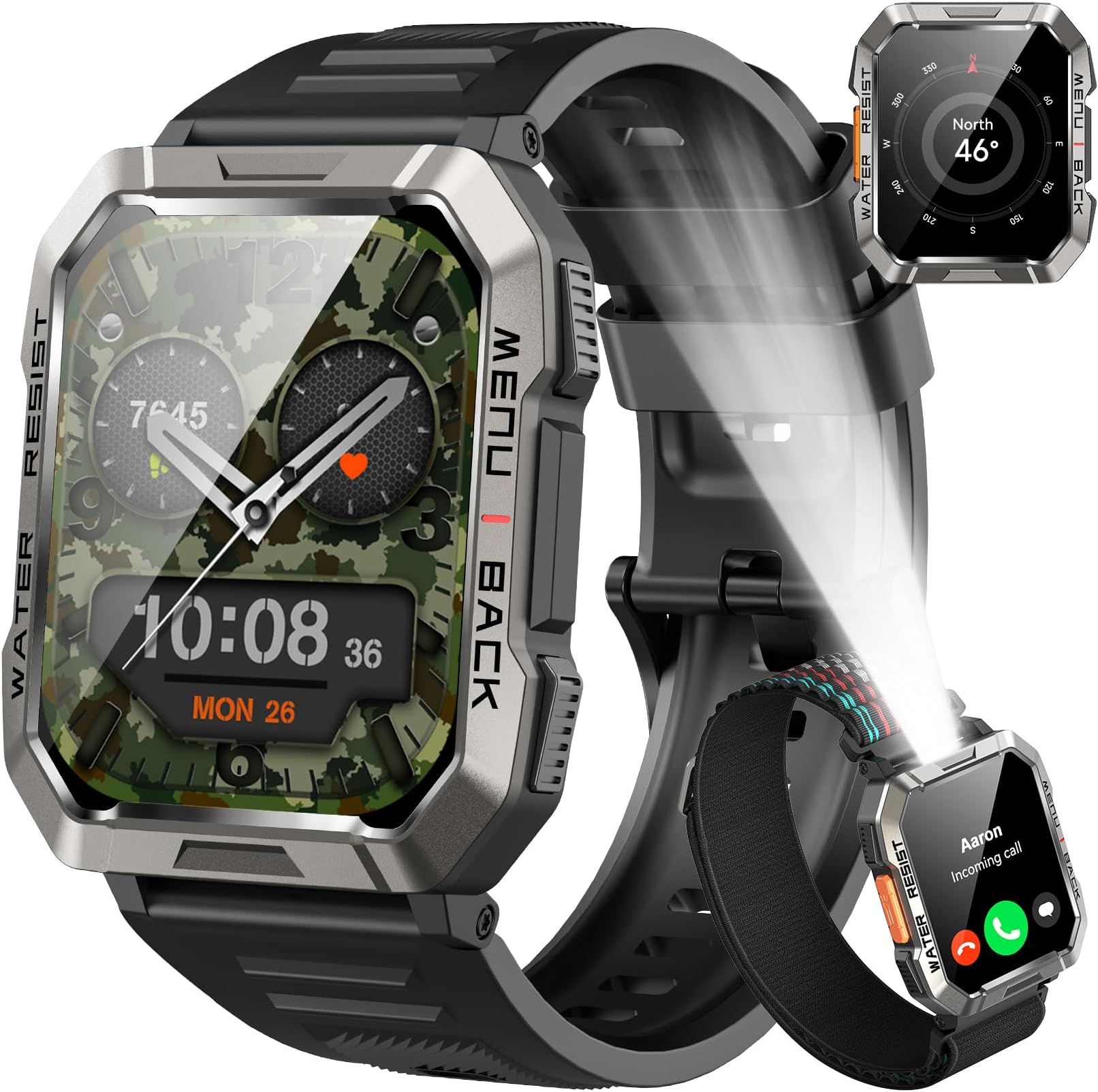 Smartwatch Men Military, 100 Days Battery Life/LED Flashlight/Compass/2 ...